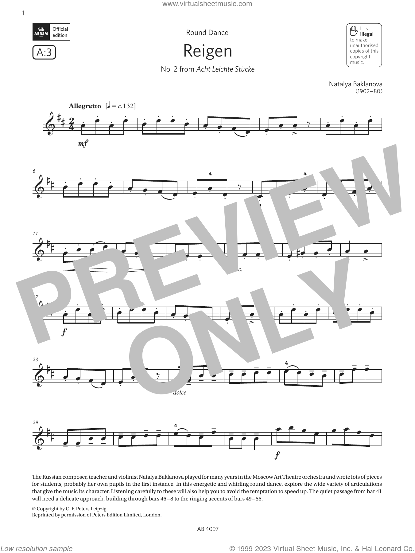 Reigen (Grade 3, A3, from the ABRSM Violin Syllabus from 2024) sheet ...