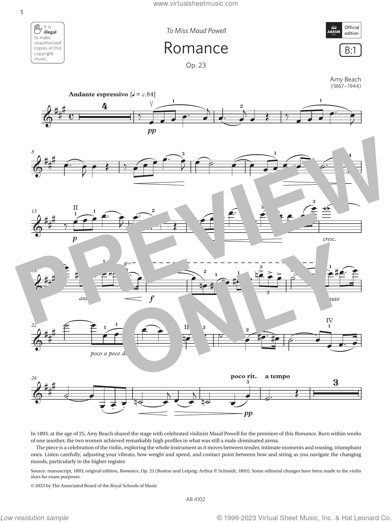 Romance (Grade 8, B1, from the ABRSM Violin Syllabus from 2024) sheet ...