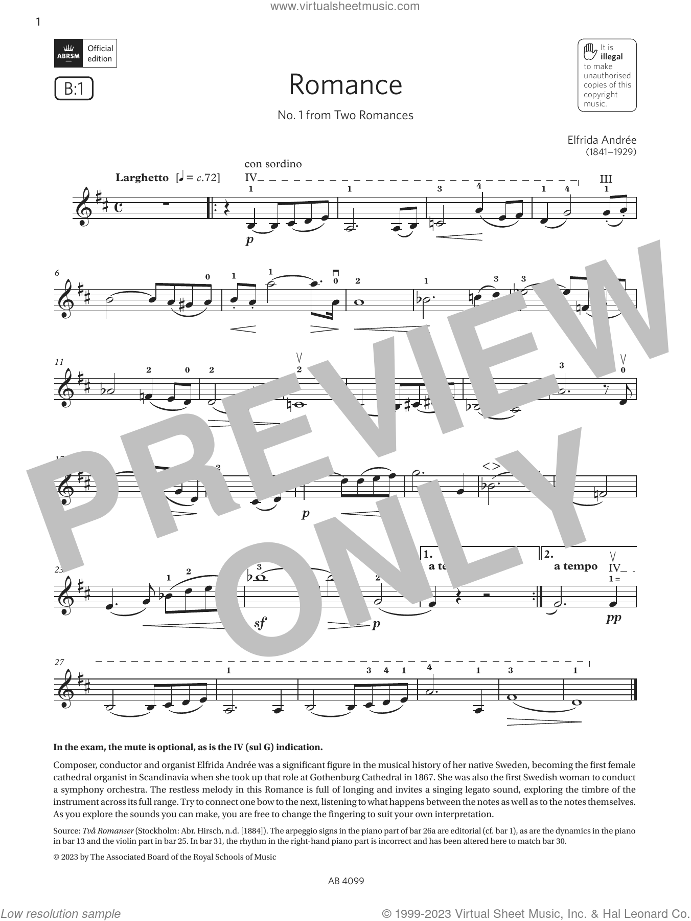 Romance (Grade 5, B1, from the ABRSM Violin Syllabus from 2024) sheet music for violin solo