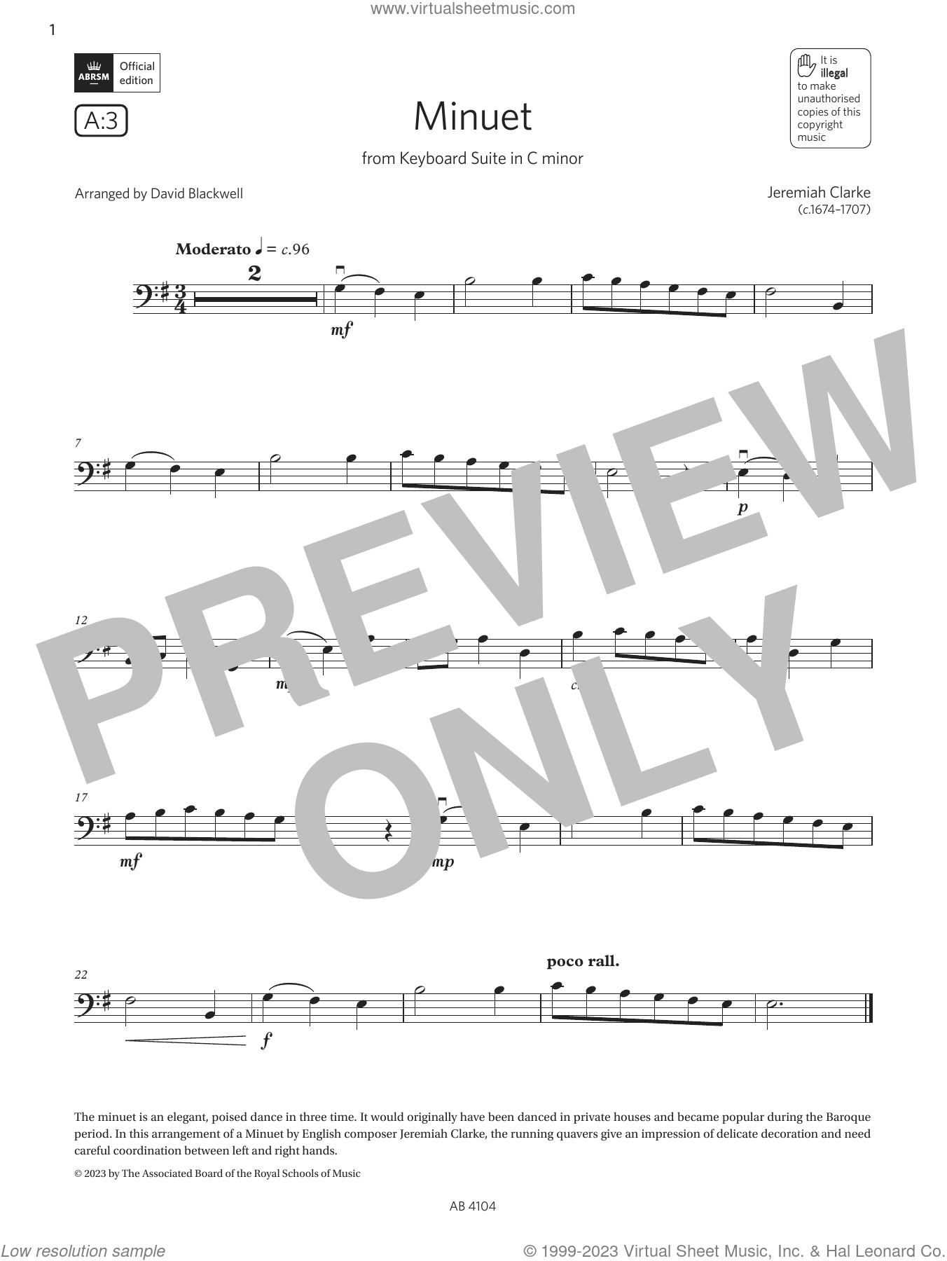 Minuet (Grade 1, A3, from the ABRSM Cello Syllabus from 2024) sheet ...