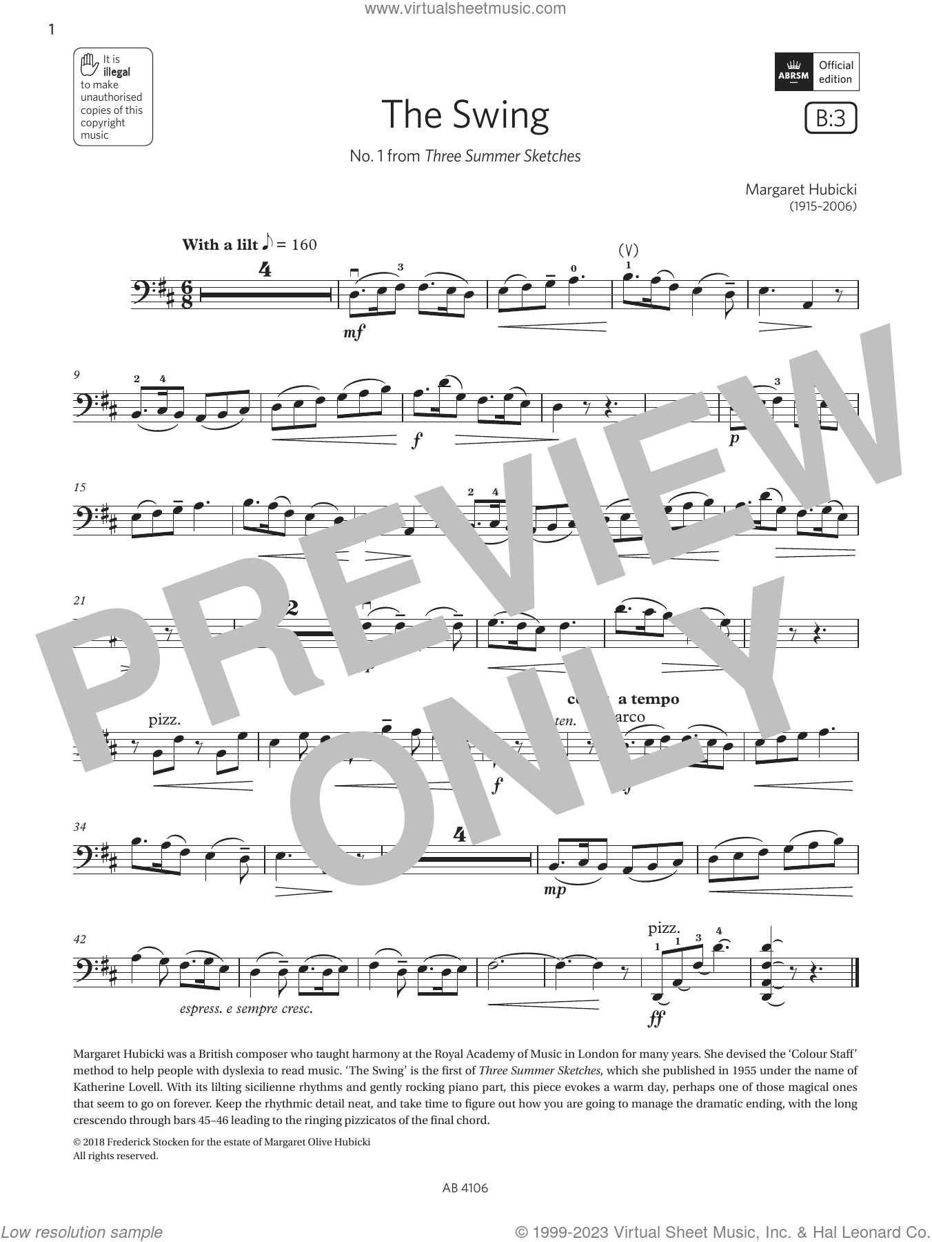 The Swing (Grade 3, B3, from the ABRSM Cello Syllabus from 2024) sheet ...