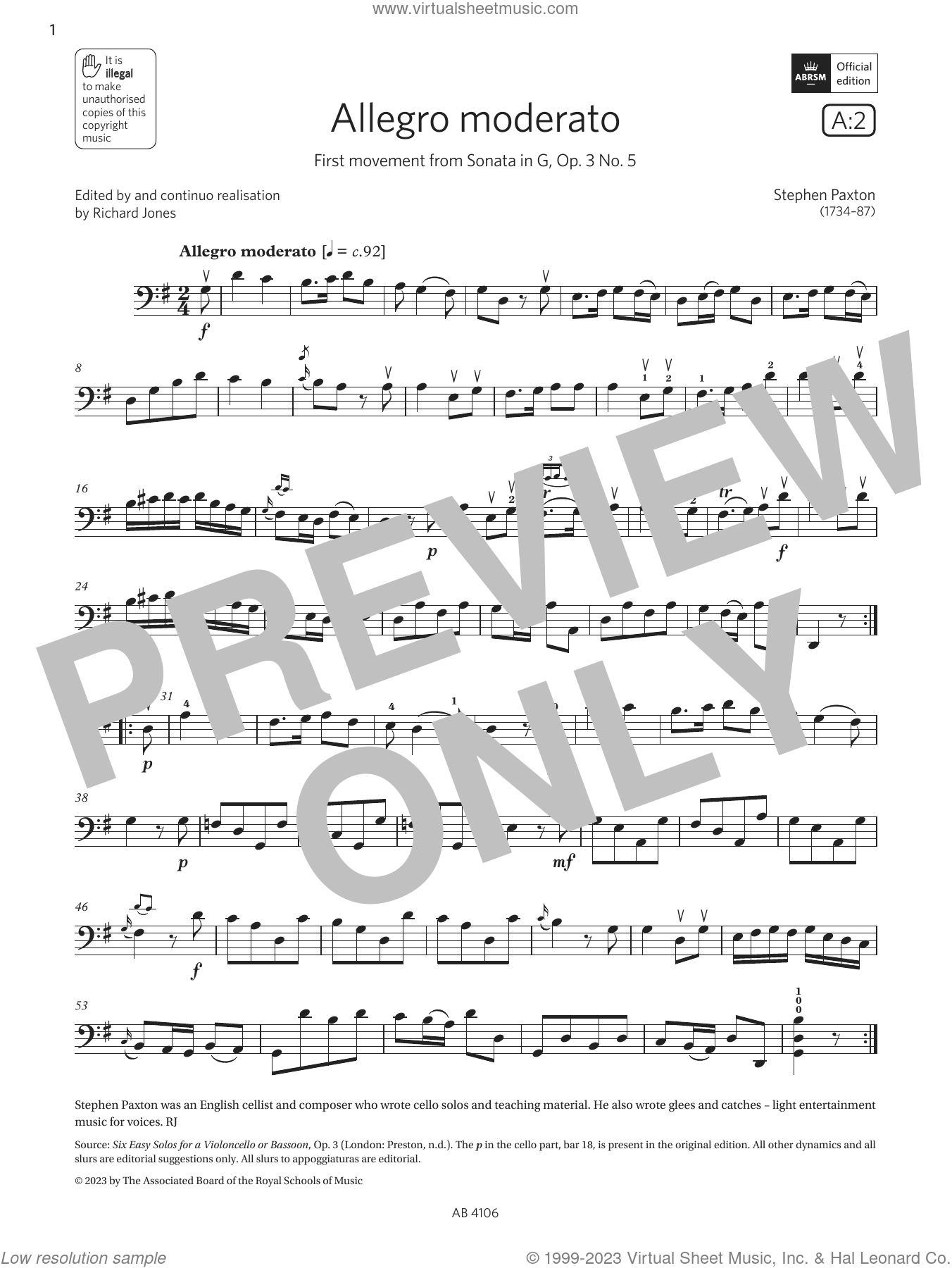 Allegro moderato (Grade 3, A2, from the ABRSM Cello Syllabus from 2024) sheet music for cello solo