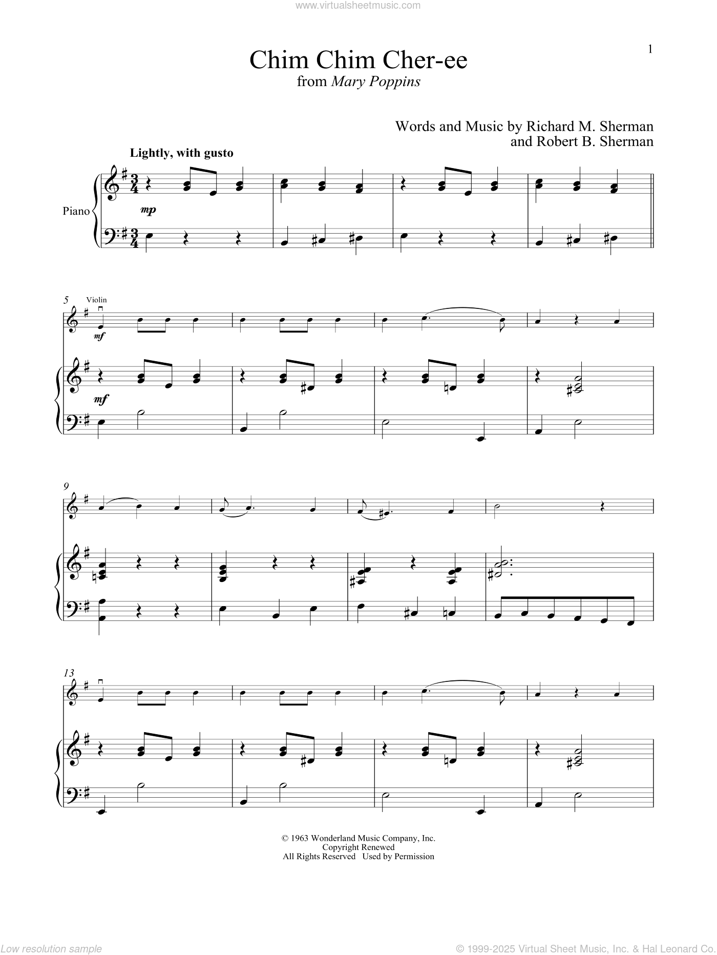 Chim Chim Cher-ee (from Mary Poppins) sheet music for violin and piano