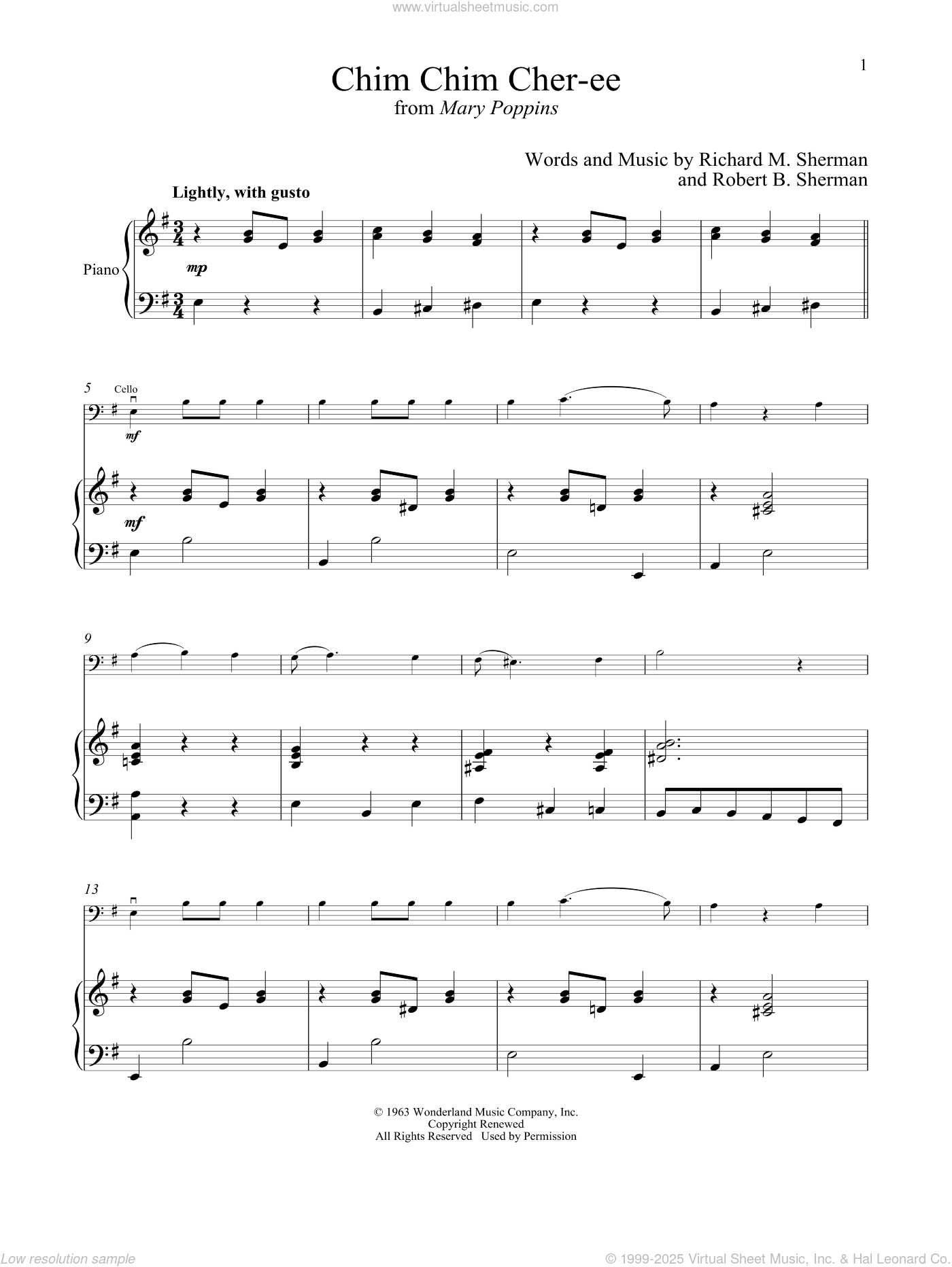 Chim Chim Cher-ee (from Mary Poppins) sheet music for cello and piano