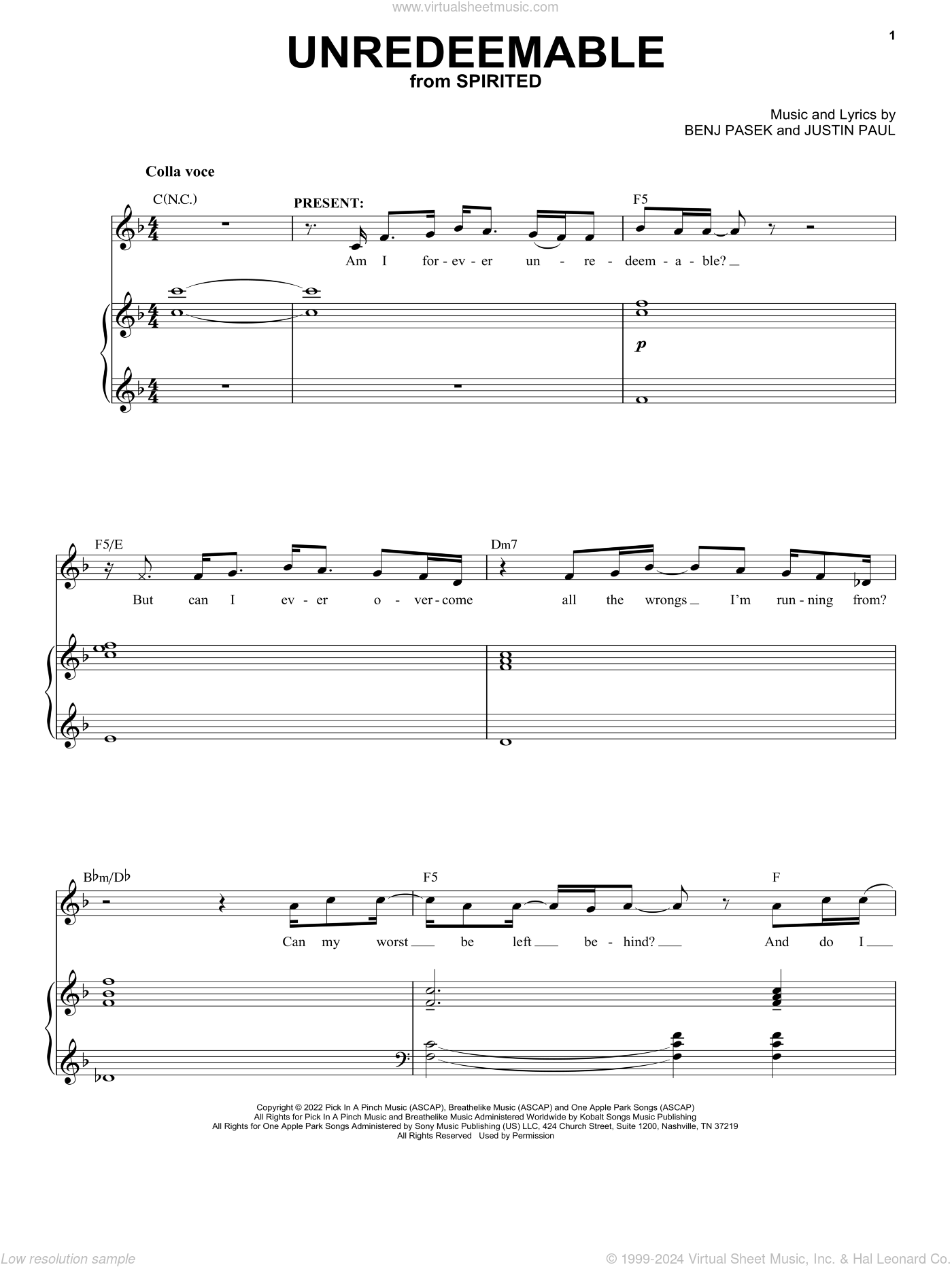 Unredeemable (from Spirited) sheet music for voice and piano
