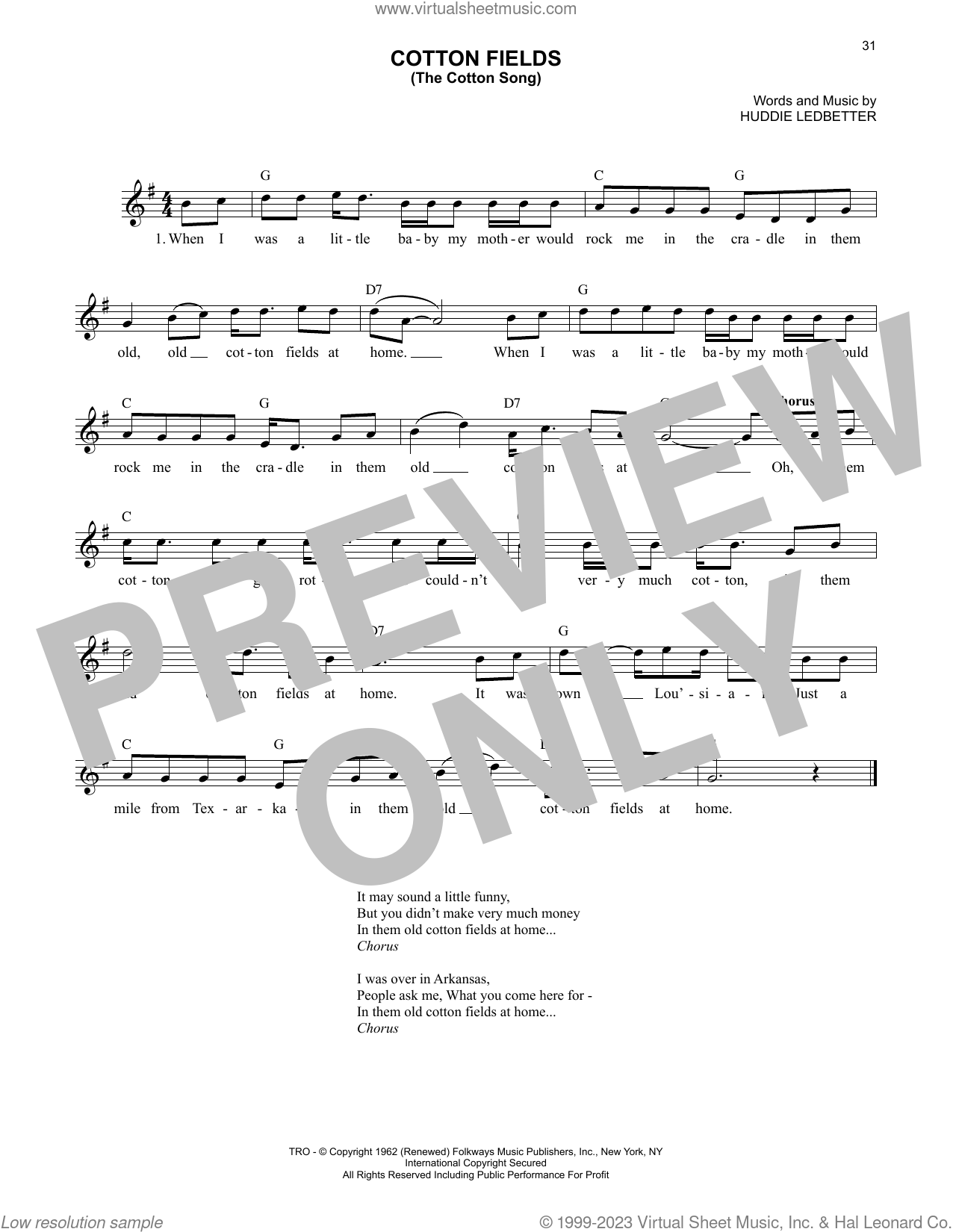 Lead Belly: Cotton Fields (The Cotton Song) sheet music (fake book)