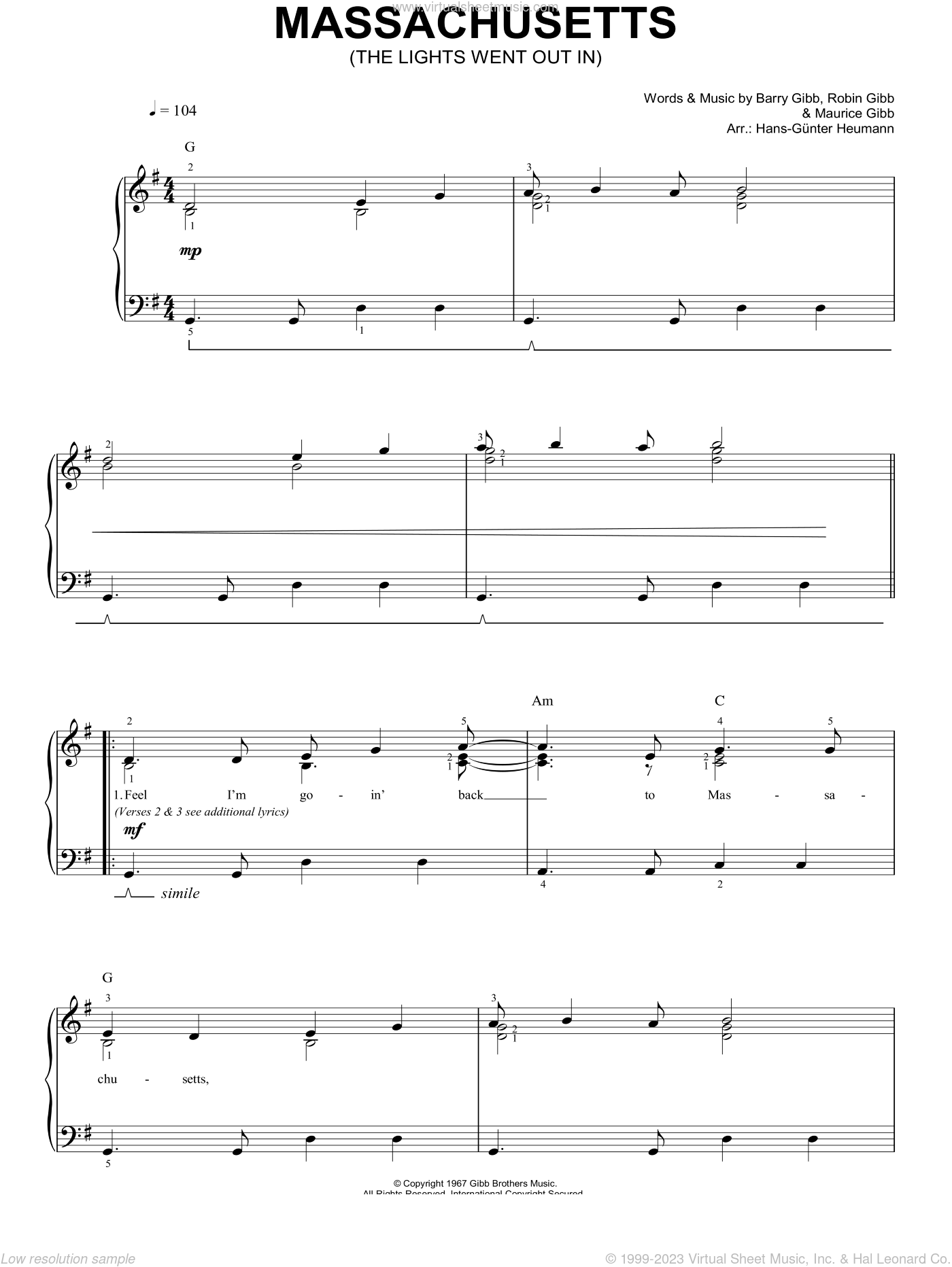Massachusetts sheet music for piano solo (PDF)