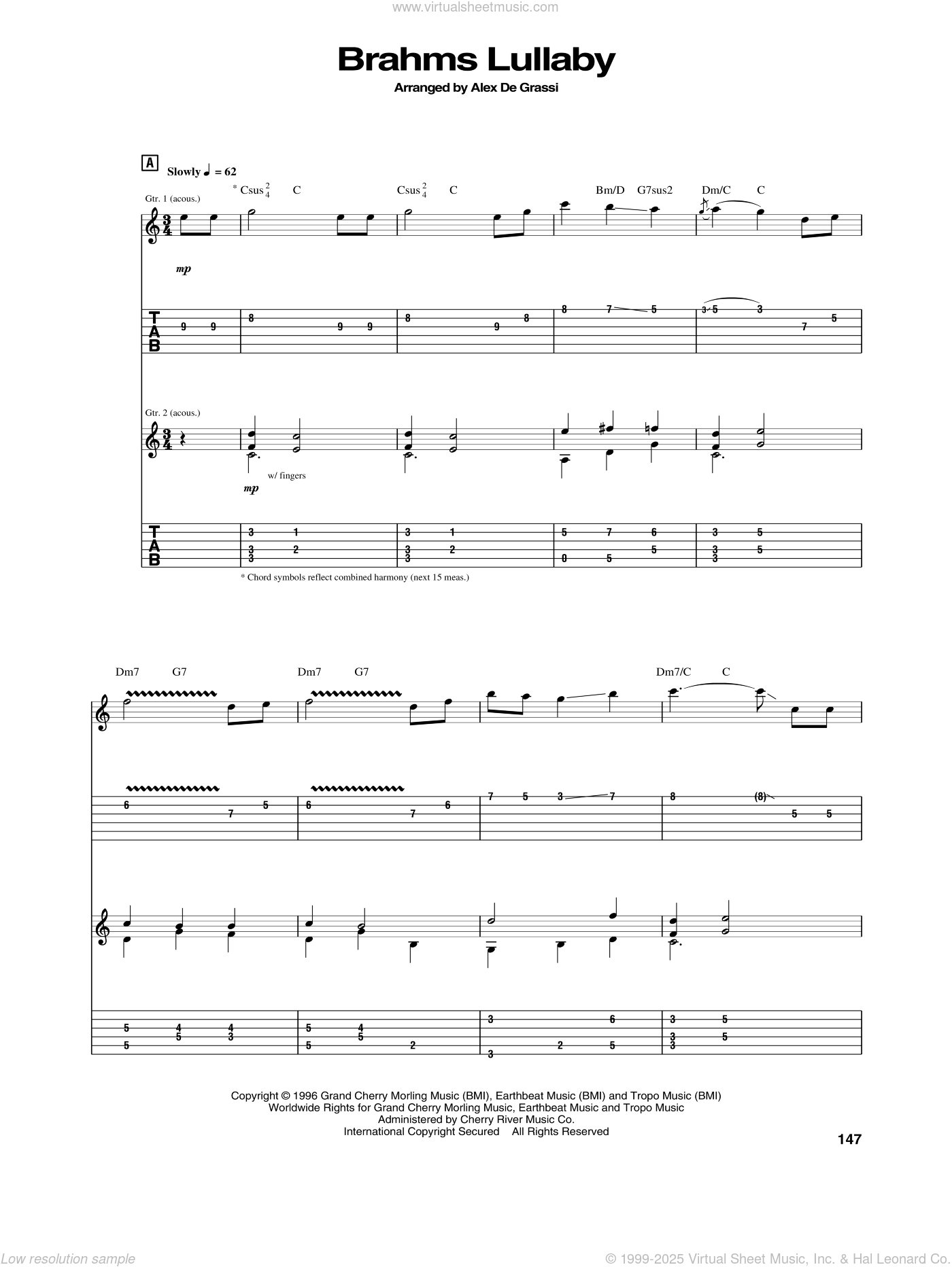 Brahms Lullaby sheet music for guitar (tablature) (PDF)