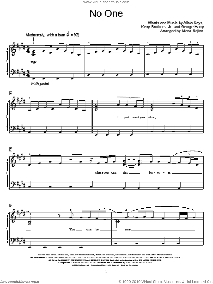 No One sheet music (beginner) for piano solo (elementary) (PDF)