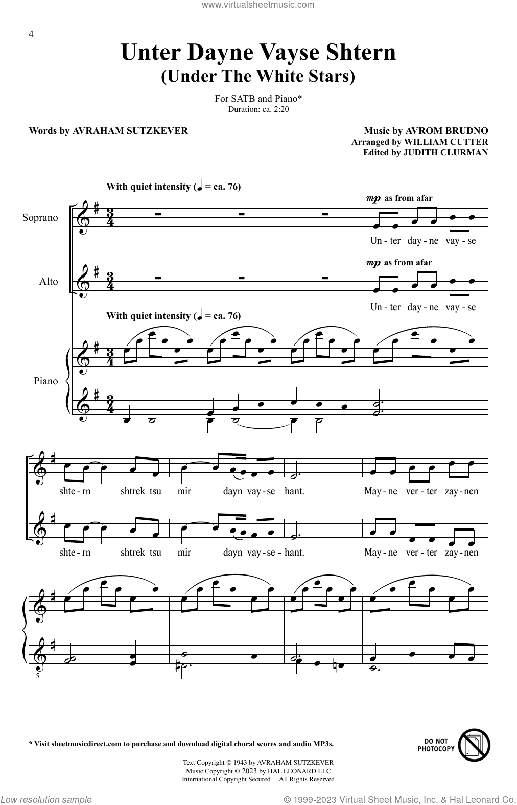 Unter Dayne Vayse Shtern (Under Your White Stars) (arr. Bill Cutler) sheet music for choir (SATB ...