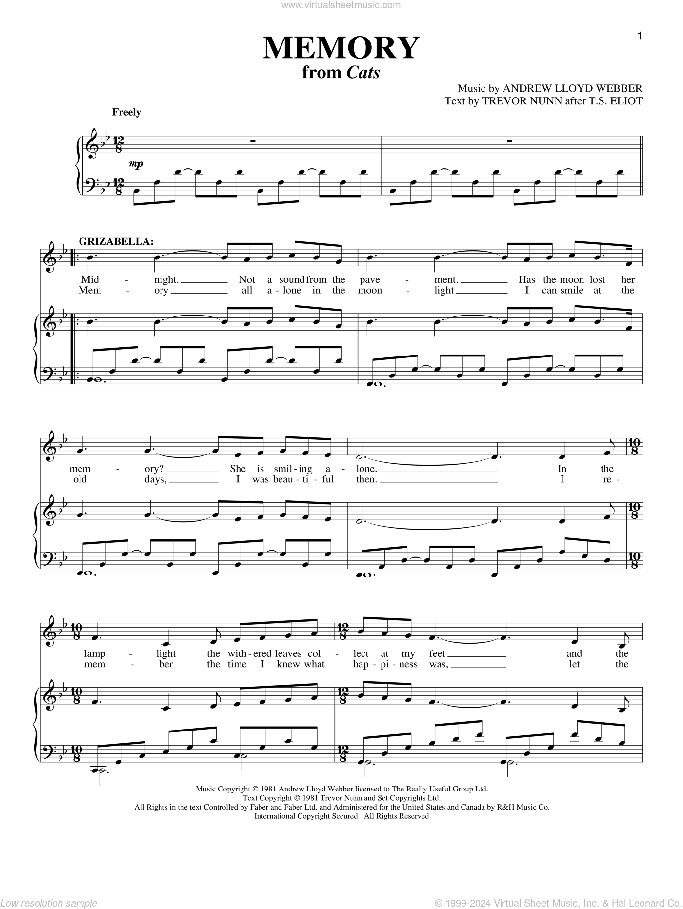 Memory (from Cats) sheet music for voice and piano v2