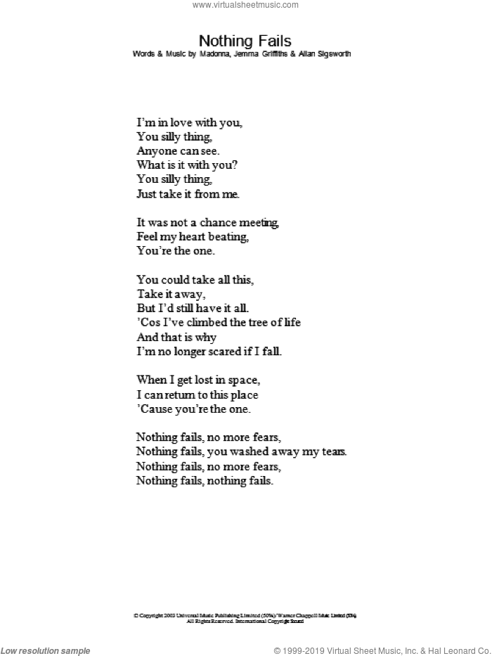 Nothing Fails sheet music (lyrics only) (PDF)