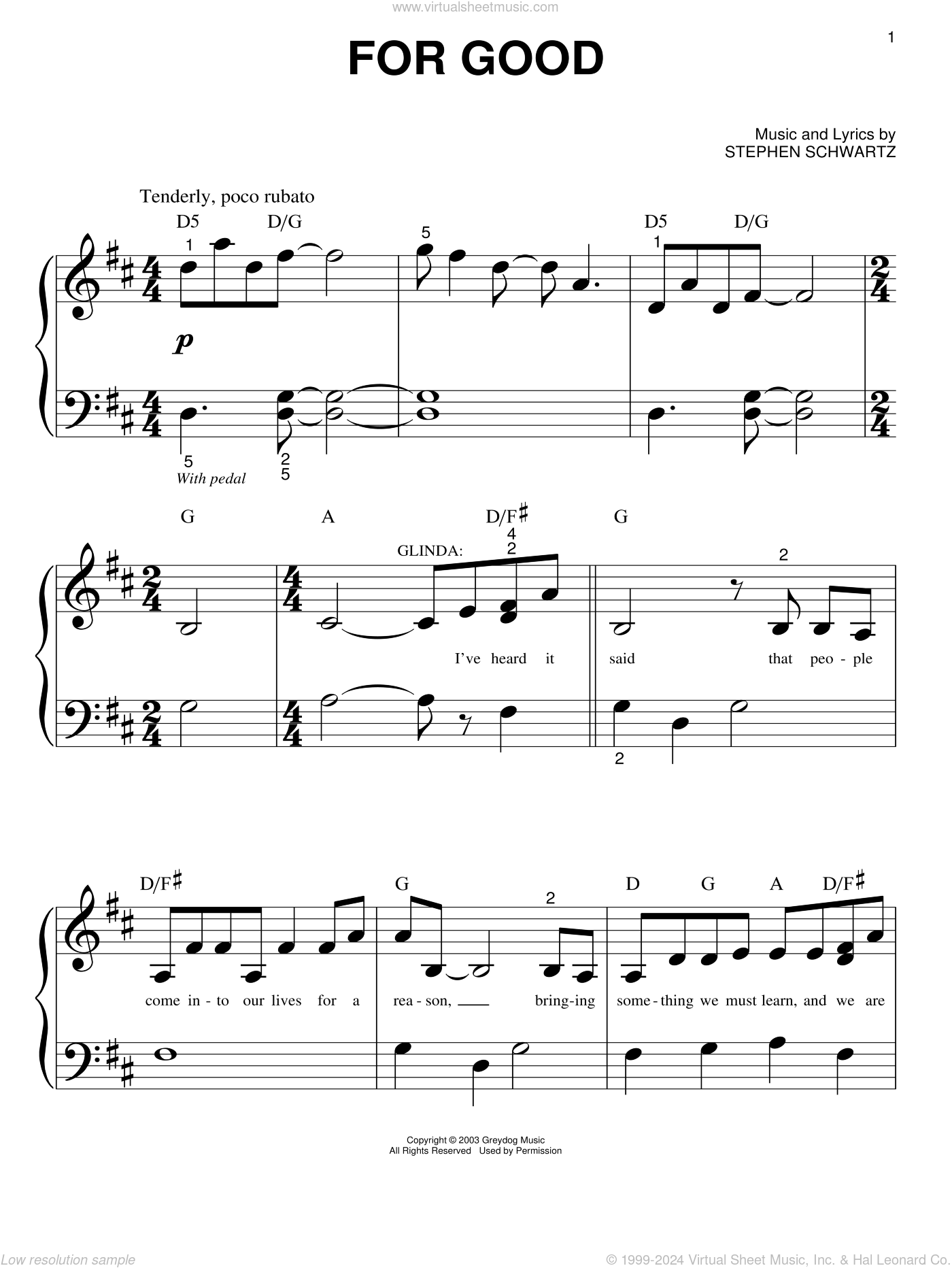 For Good (from Wicked) sheet music for piano solo (big note book)