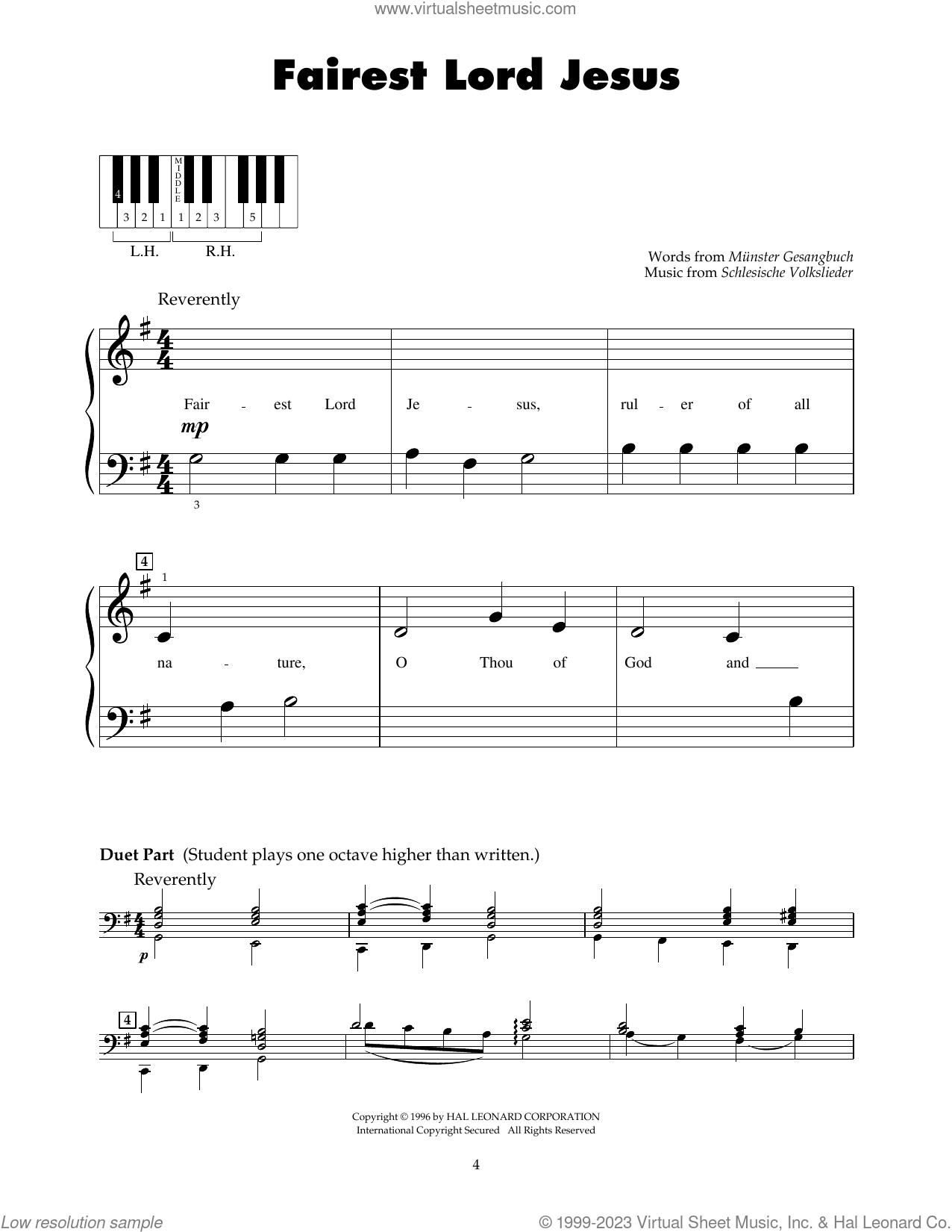 Fairest Lord Jesus sheet music for piano solo (5-fingers) (PDF)