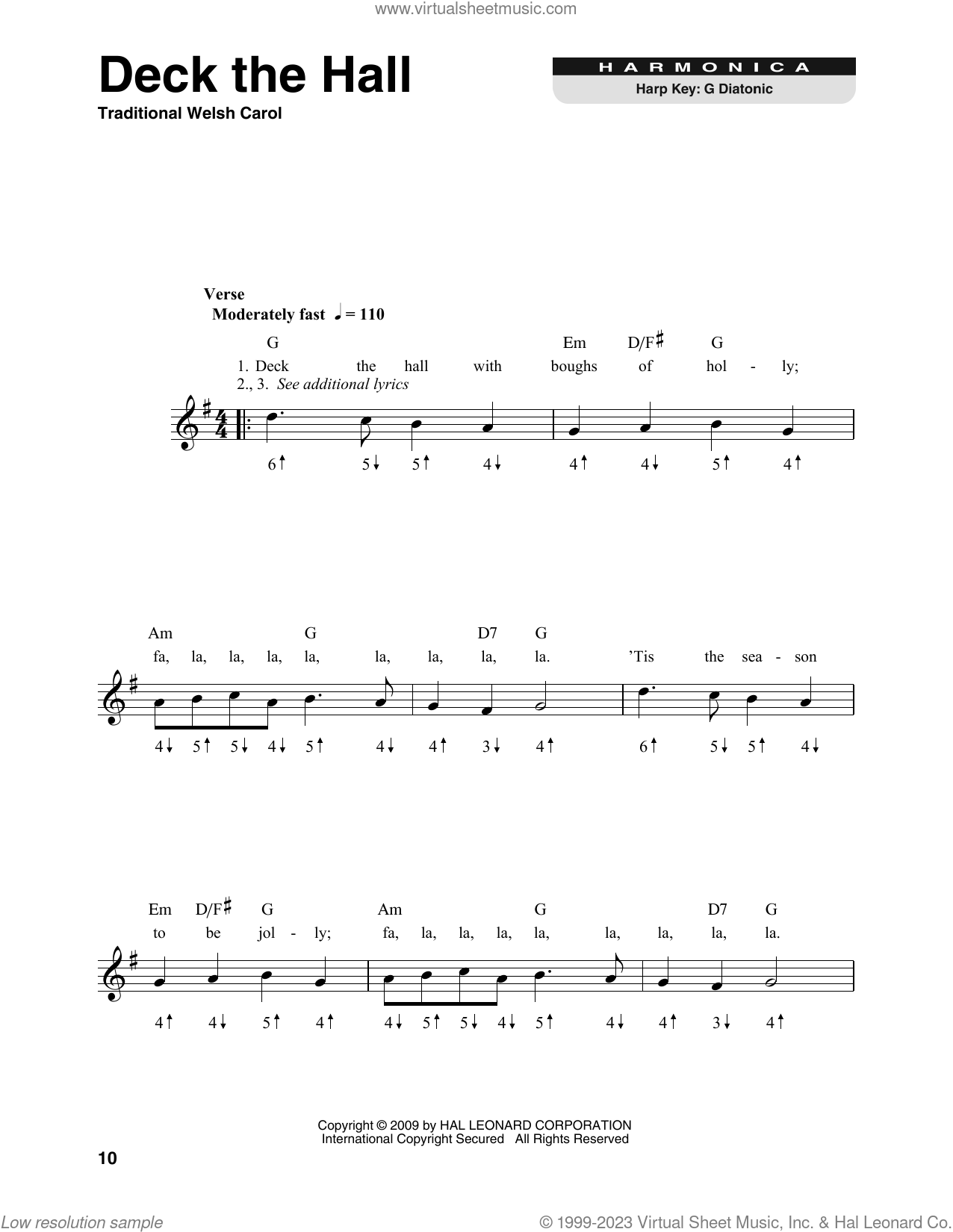 Deck The Hall sheet music for harmonica solo (PDF)
