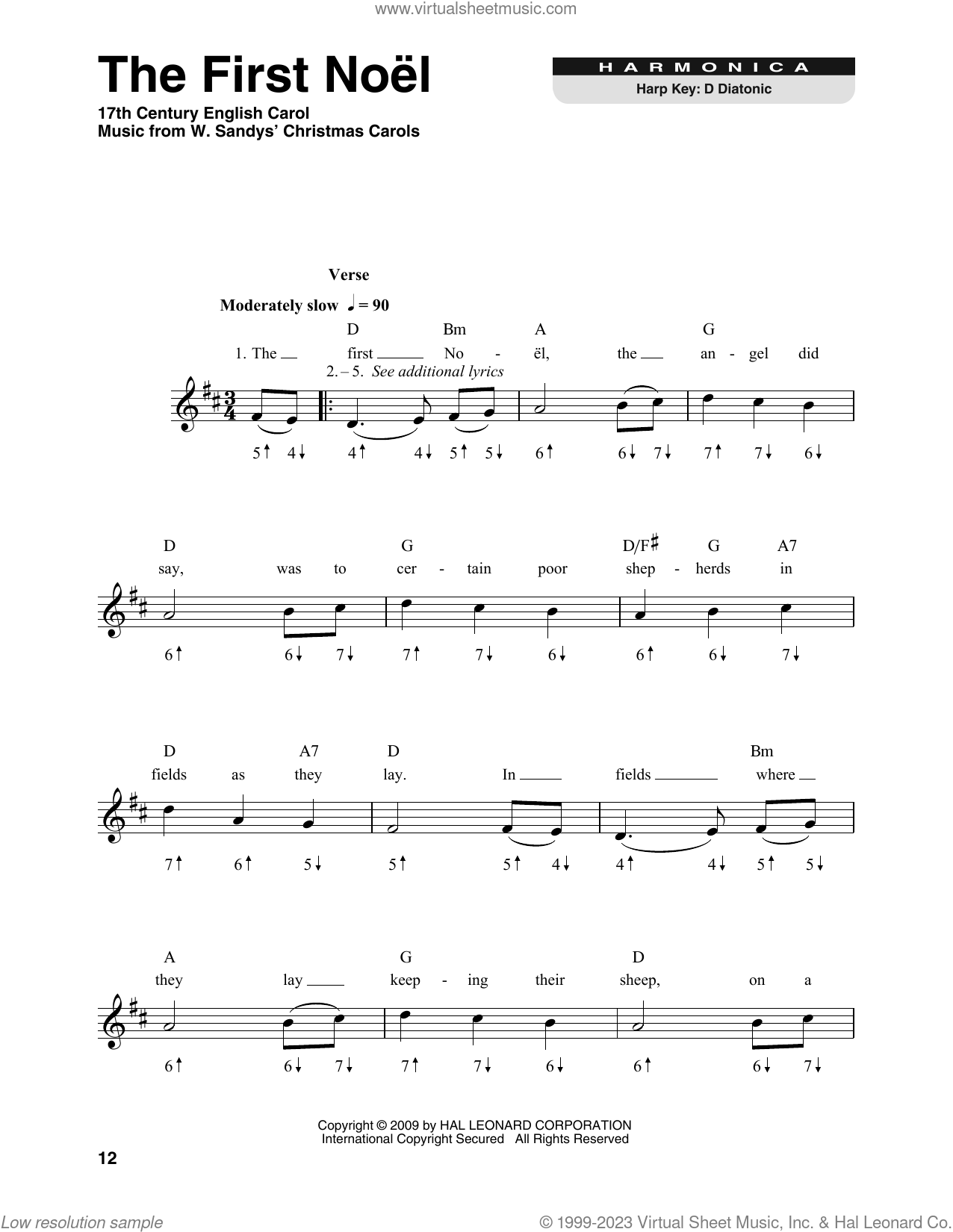The First Noel sheet music for harmonica solo (PDF)