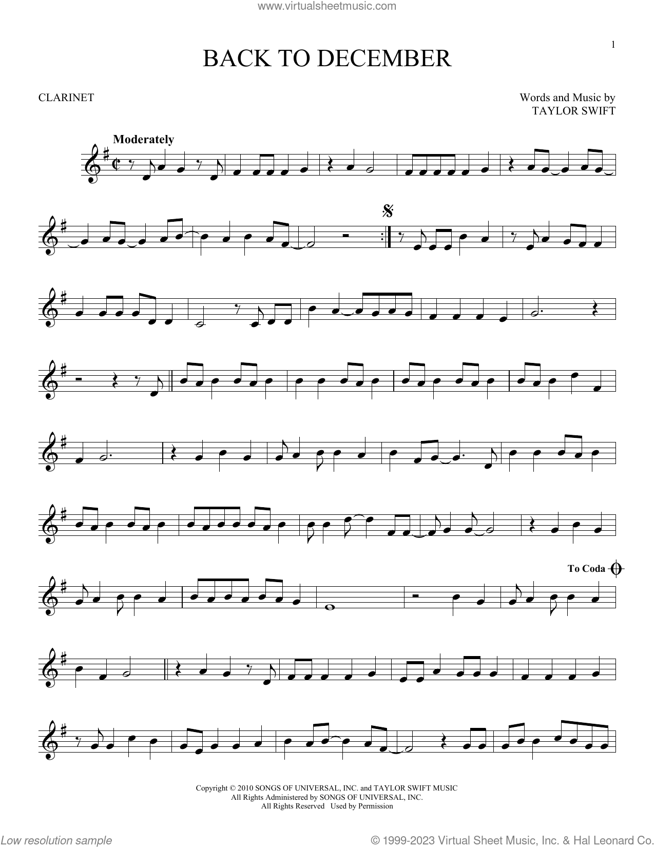 Back To December sheet music for clarinet solo (PDF-interactive)