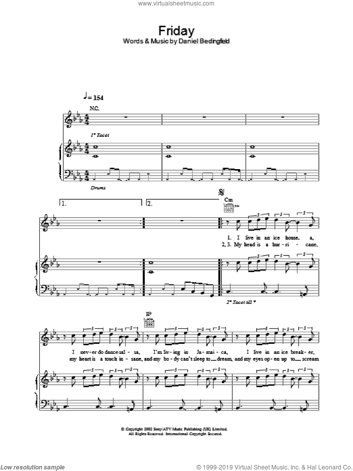 Friday sheet music for voice, piano or guitar (PDF)