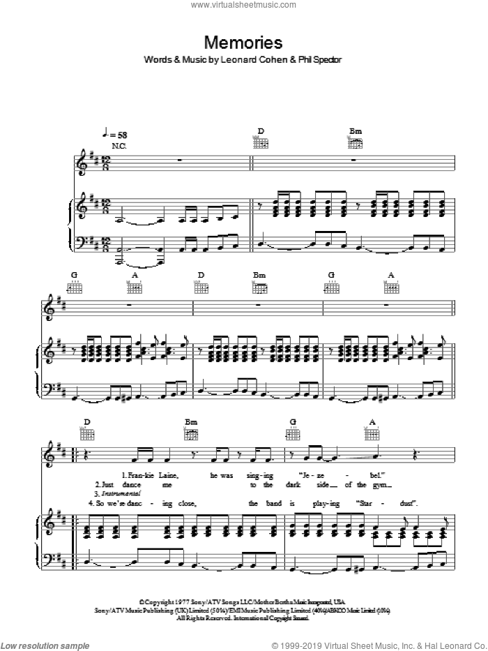 Leonard Cohen: Memories sheet music for voice, piano or guitar