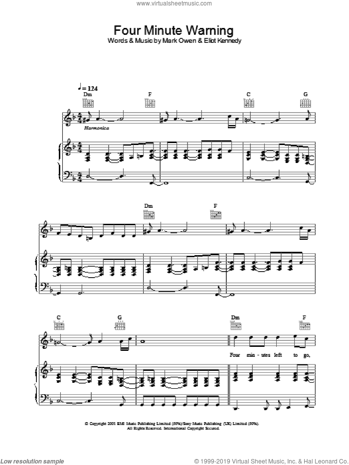 Four Minute Warning sheet music for voice, piano or guitar (PDF)