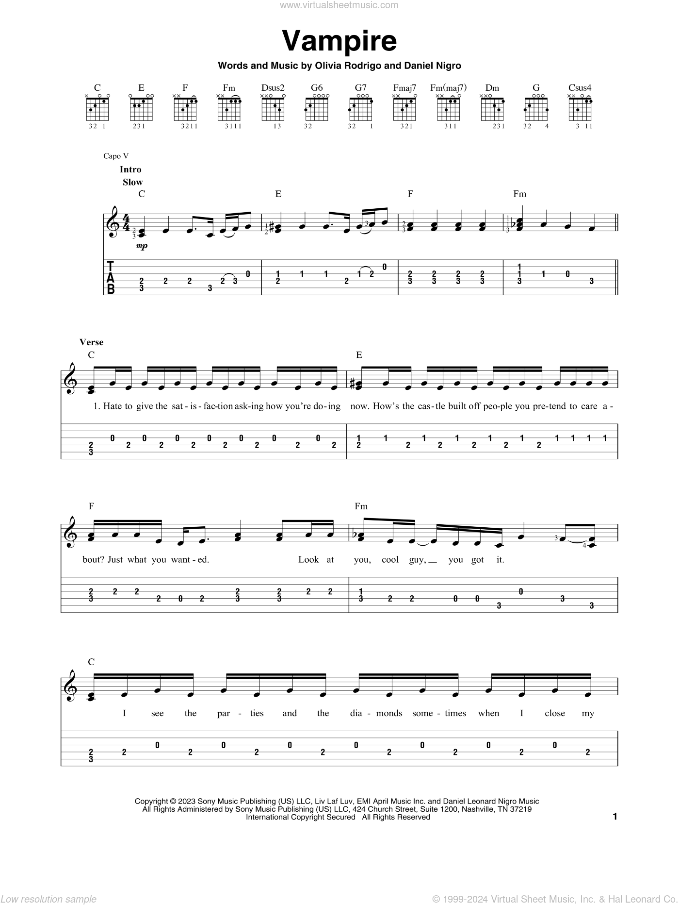 vampire sheet music for guitar solo (easy tablature) (PDF)