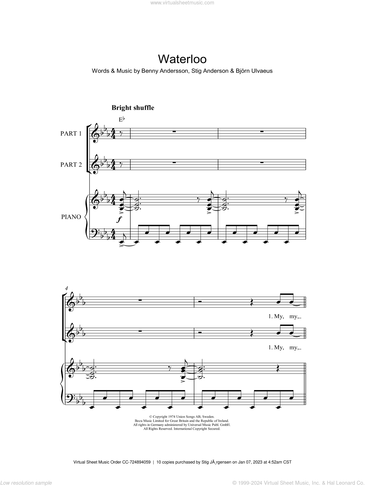 Waterloo (arr. Rick Hein) sheet music for choir (2-Part) (PDF)