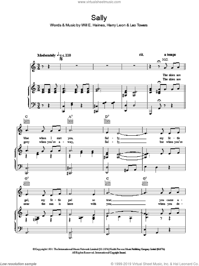 Gracie Fields: Sally sheet music for voice, piano or guitar (PDF)