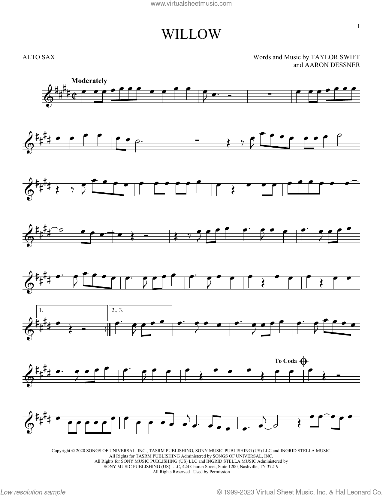 willow sheet music for alto saxophone solo (PDF-interactive)