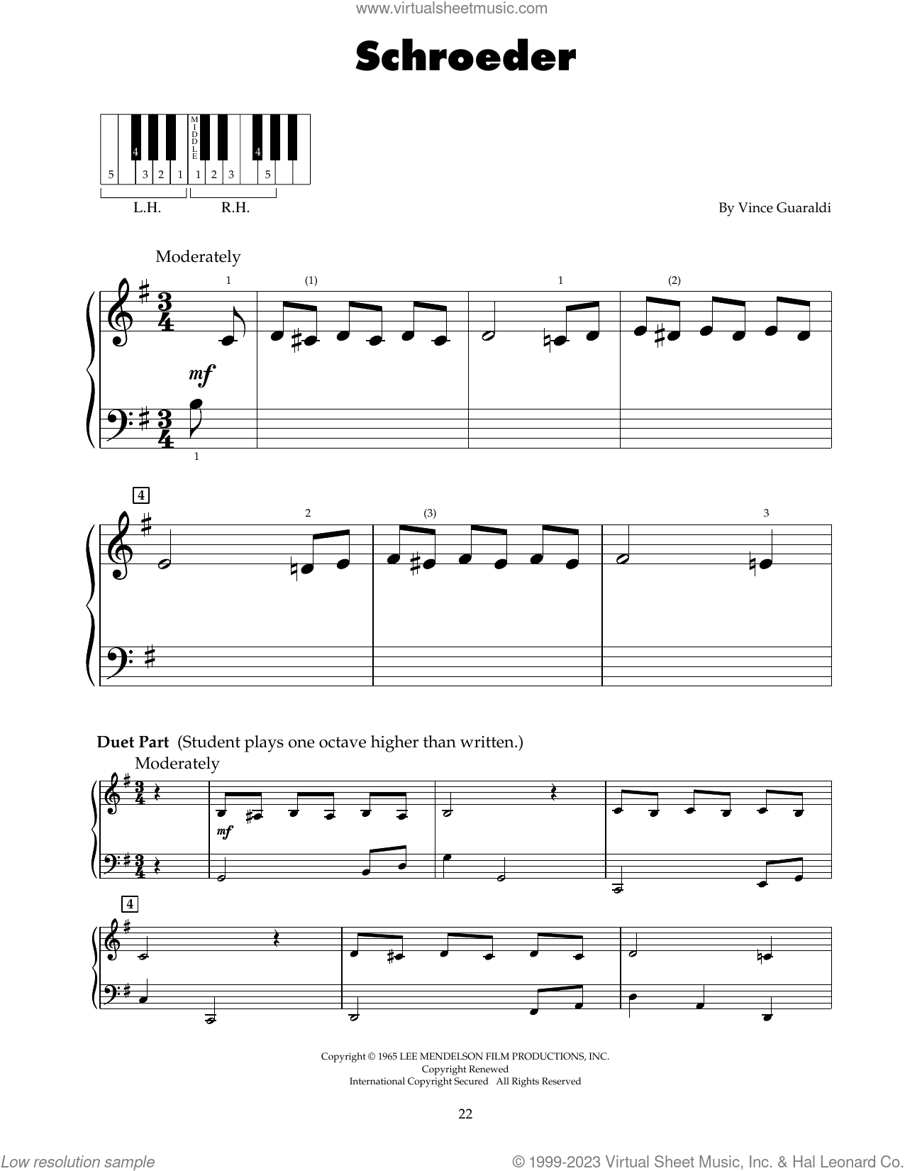 Schroeder sheet music (beginner) for piano solo (5-fingers) (PDF)