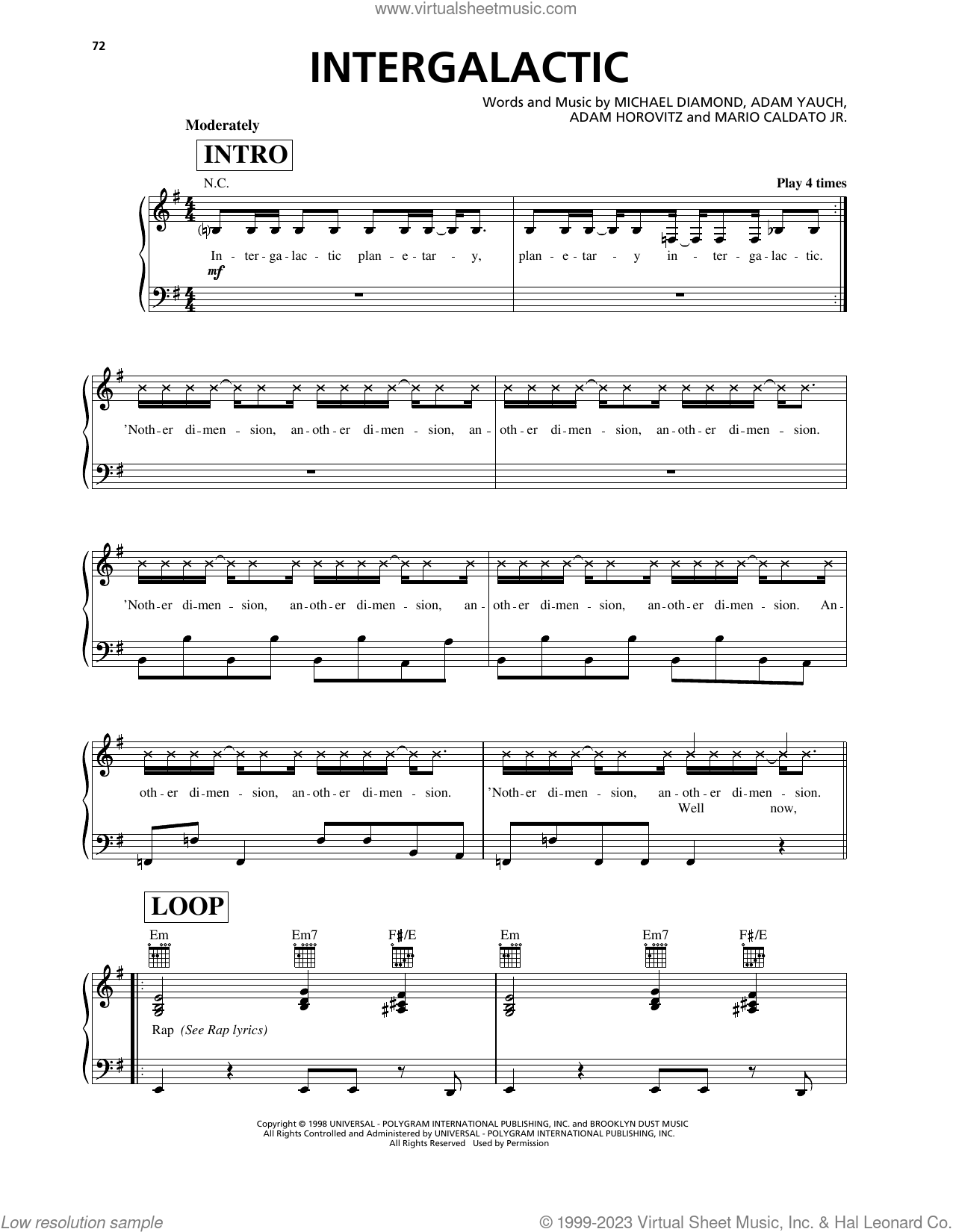 Intergalactic sheet music for voice, piano or guitar (PDF)