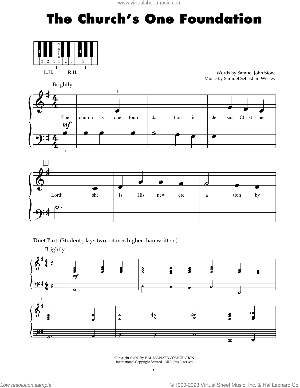 The Church's One Foundation sheet music (beginner) for piano solo (5-fingers)