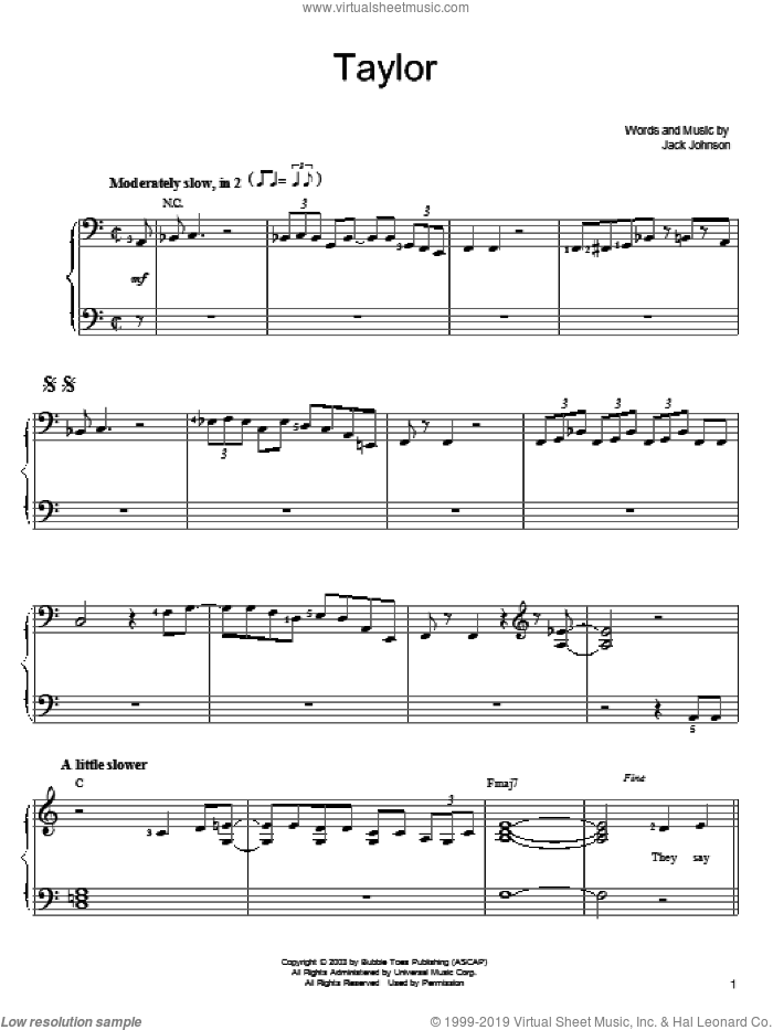 Taylor sheet music for piano solo (PDF-interactive)