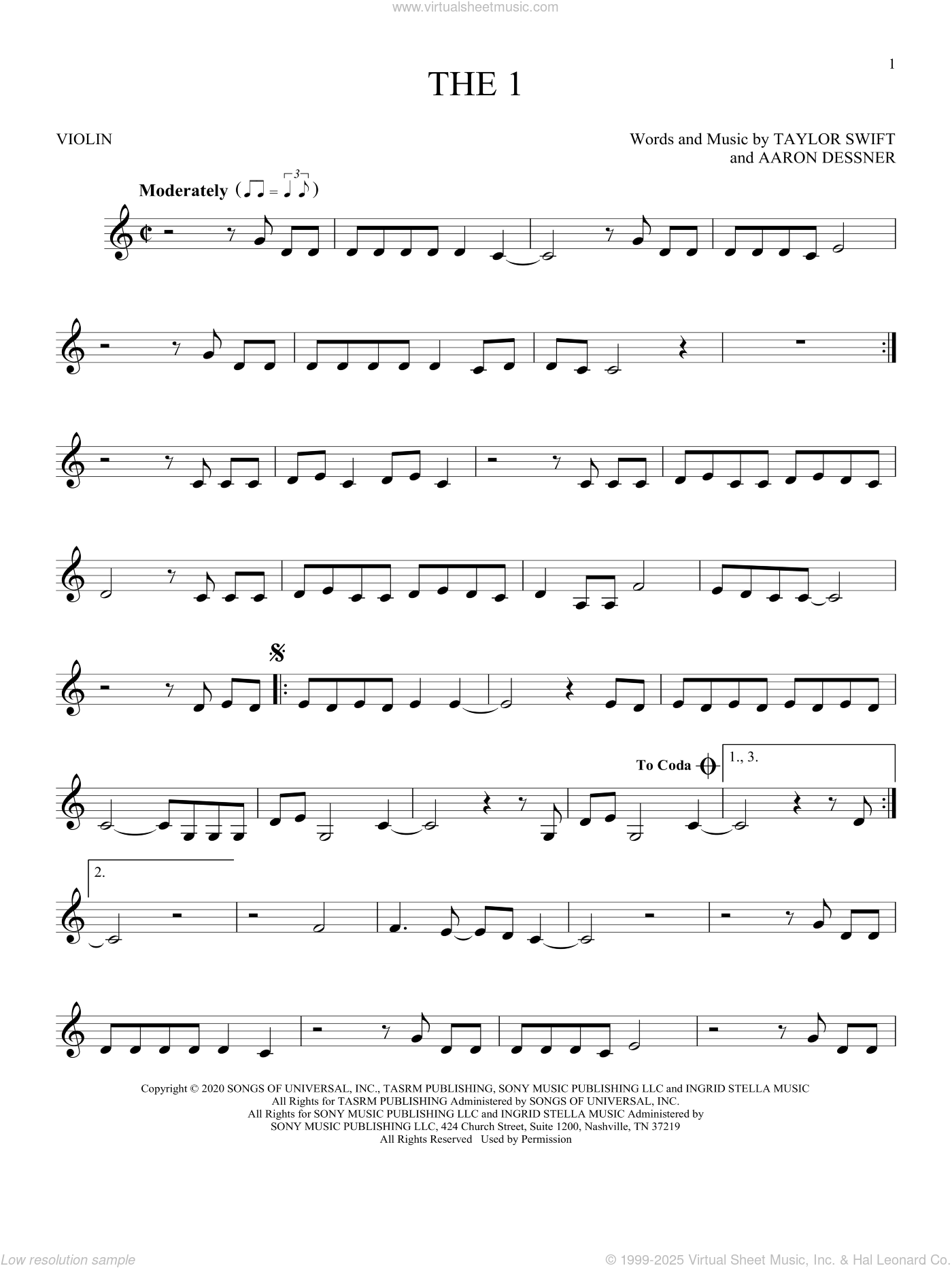 the 1 sheet music for violin solo (PDF-interactive)