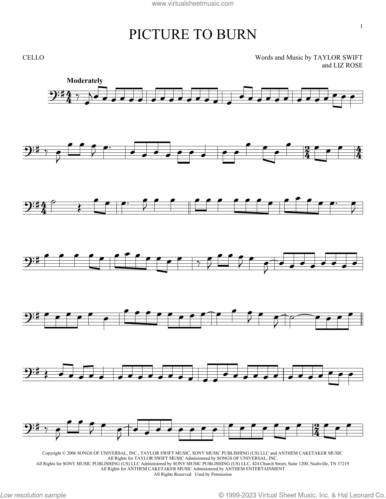 Picture To Burn sheet music for cello solo (PDF-interactive)