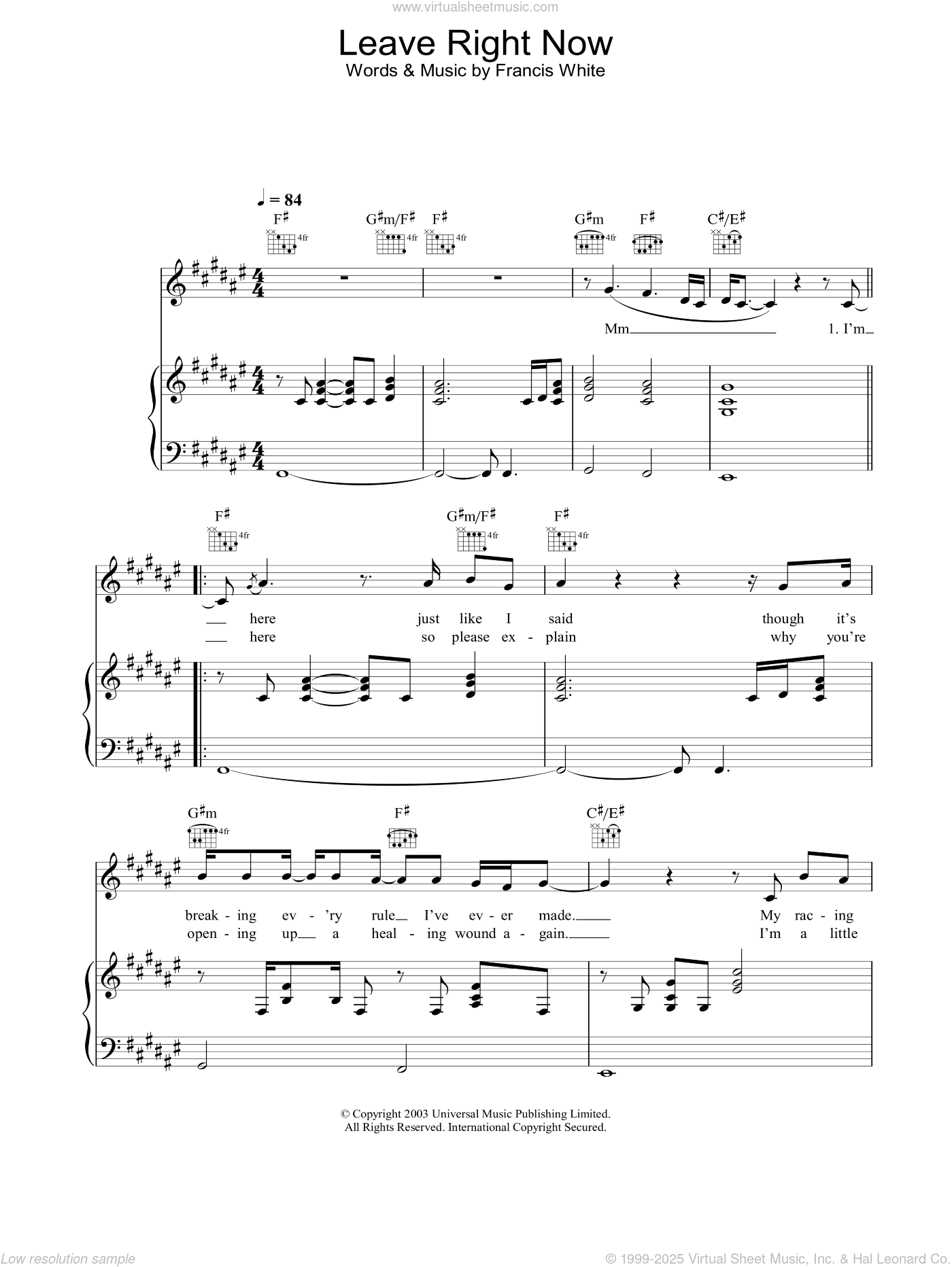 Leave Right Now sheet music for voice, piano or guitar (PDF)