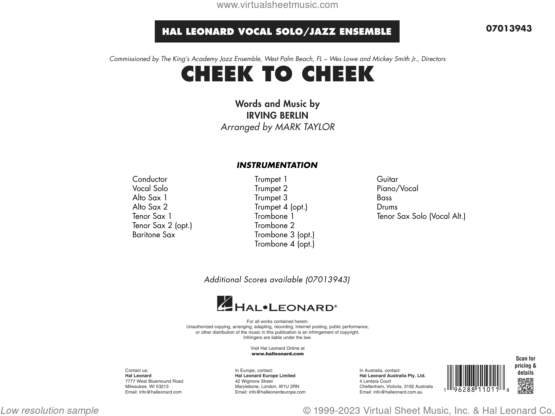 Cheek to Cheek (Key: Ab) (arr. Mark Taylor) sheet music (complete ...
