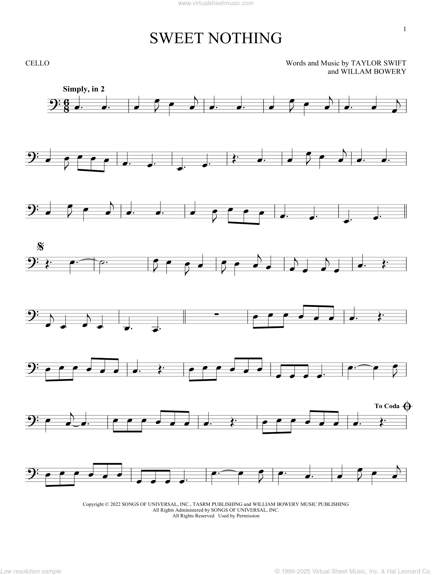Sweet Nothing sheet music for cello solo (PDF-interactive)