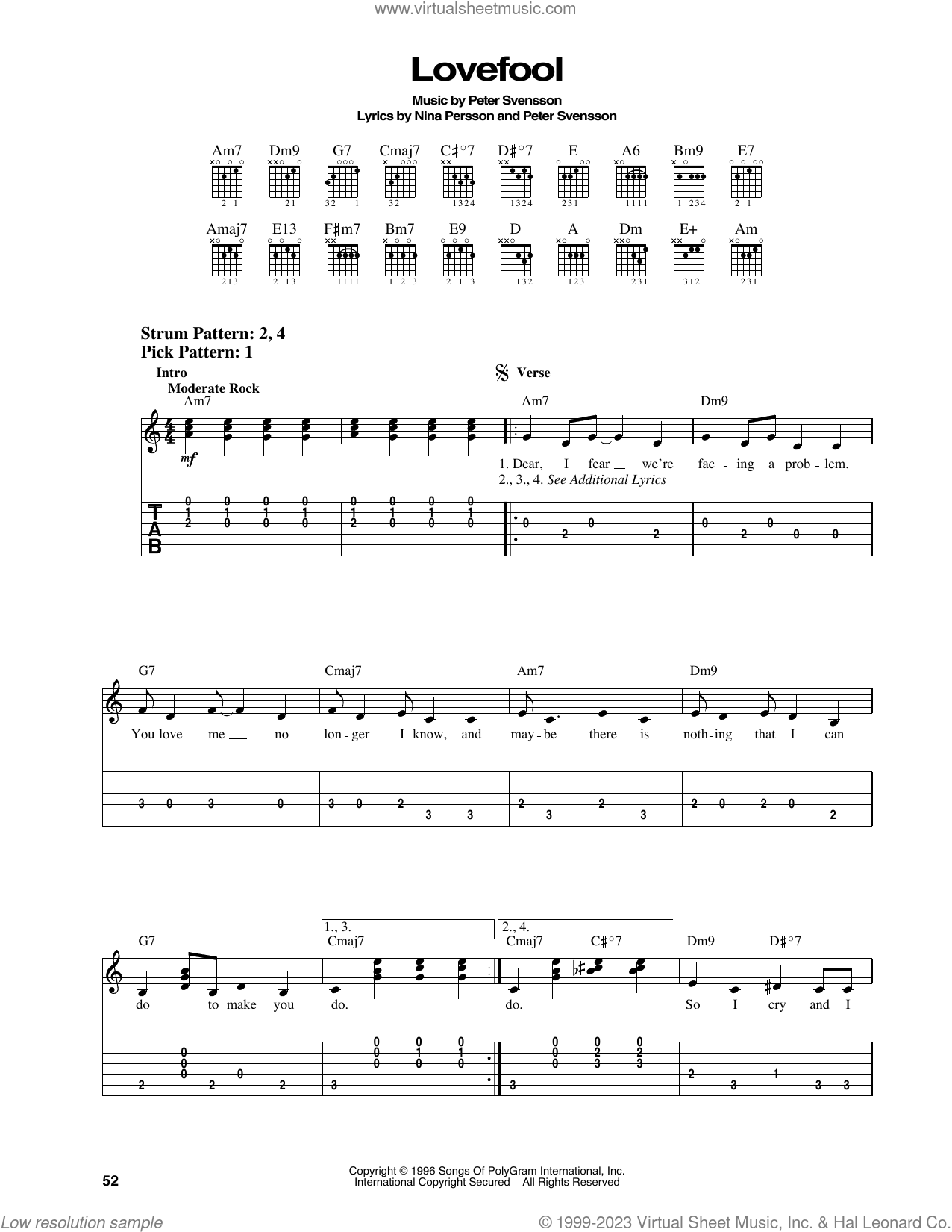 Lovefool sheet music for guitar solo (easy tablature) (PDF)