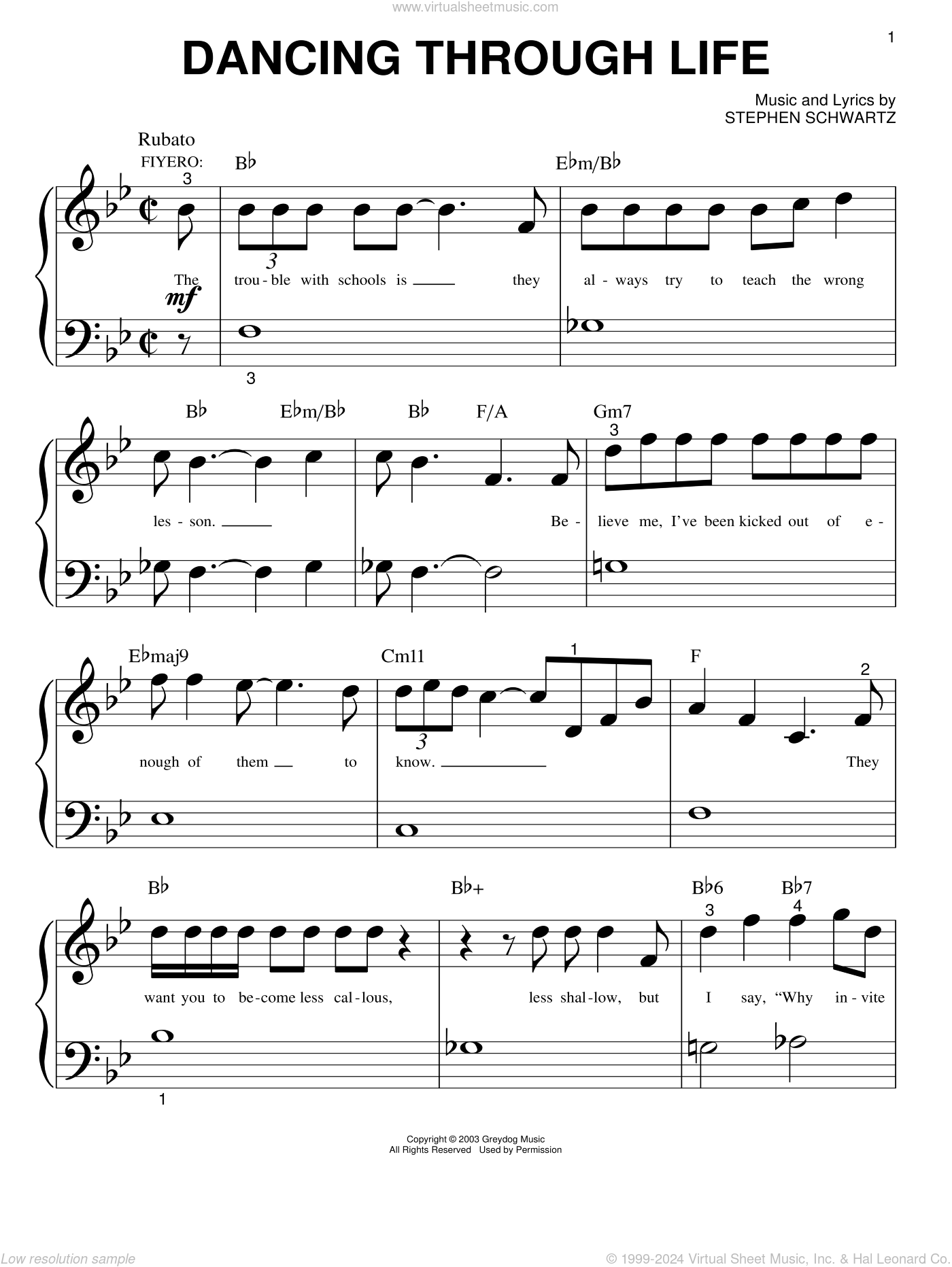 Dancing Through Life (from Wicked) sheet music for piano solo (big note ...