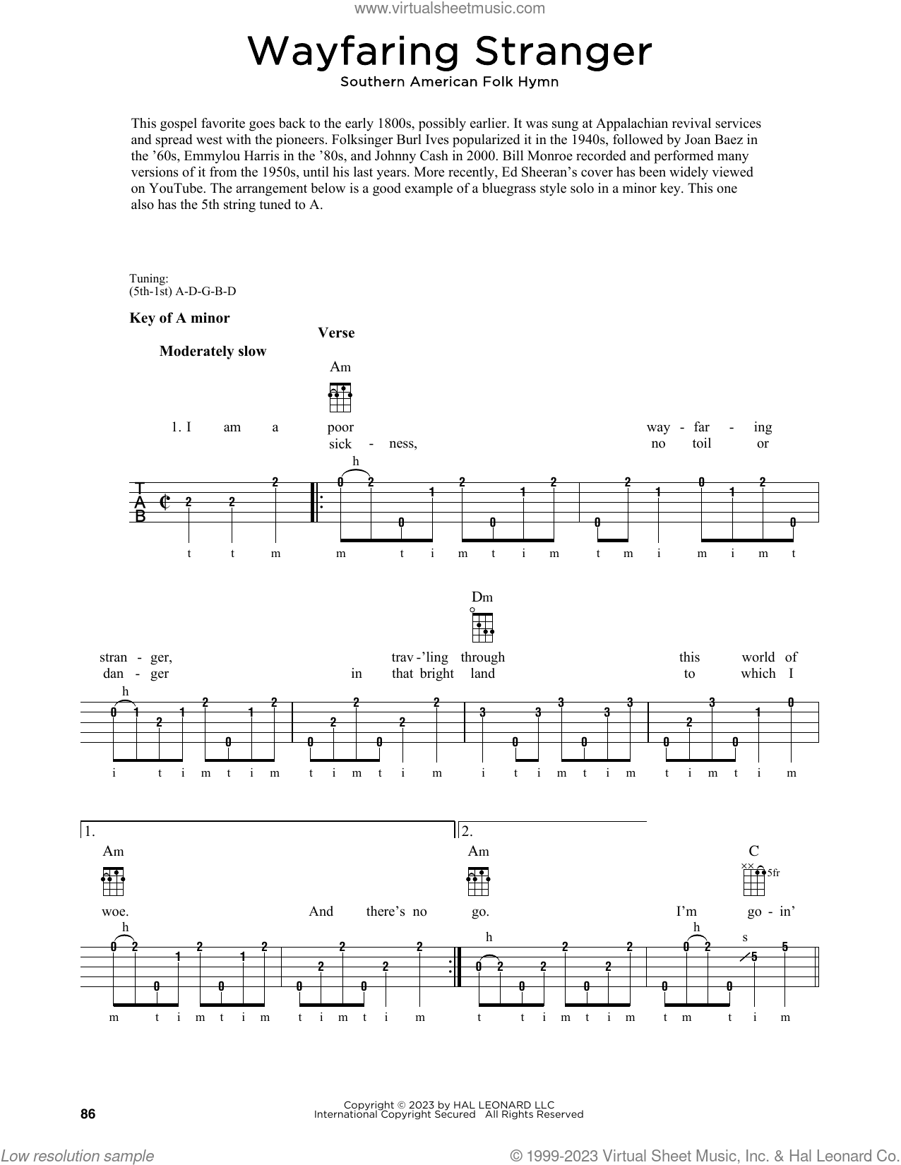 Wayfaring Stranger (arr. Fred Sokolow) sheet music for banjo solo v2