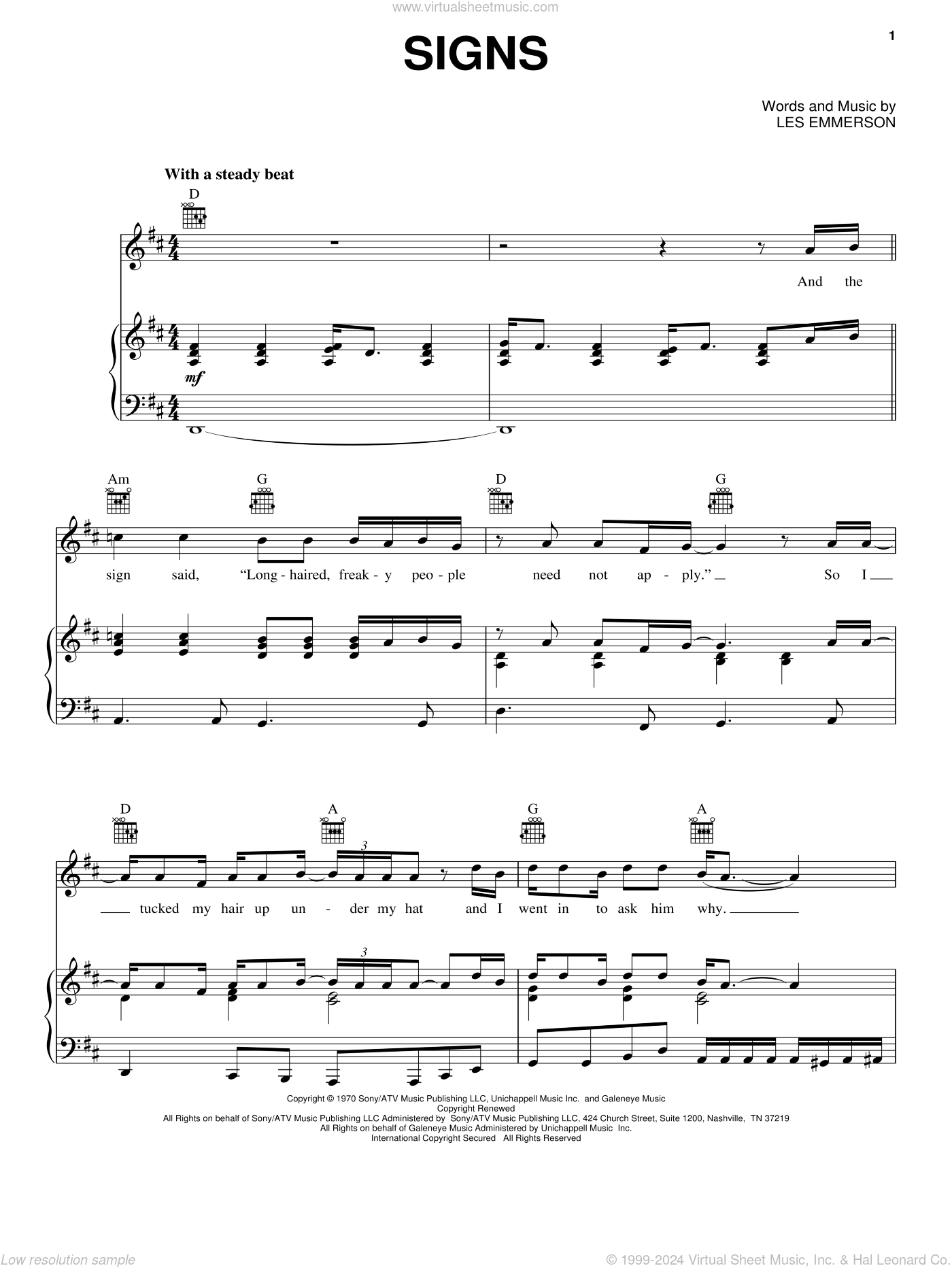 Signs sheet music for voice, piano or guitar (PDF-interactive)
