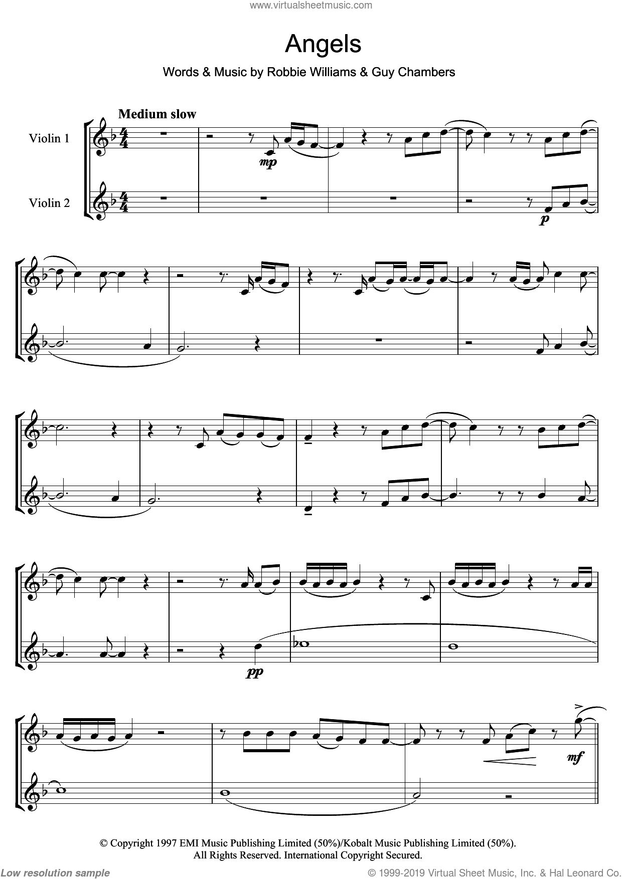 Angels sheet music for two violins (duets, violin duets) (PDF)