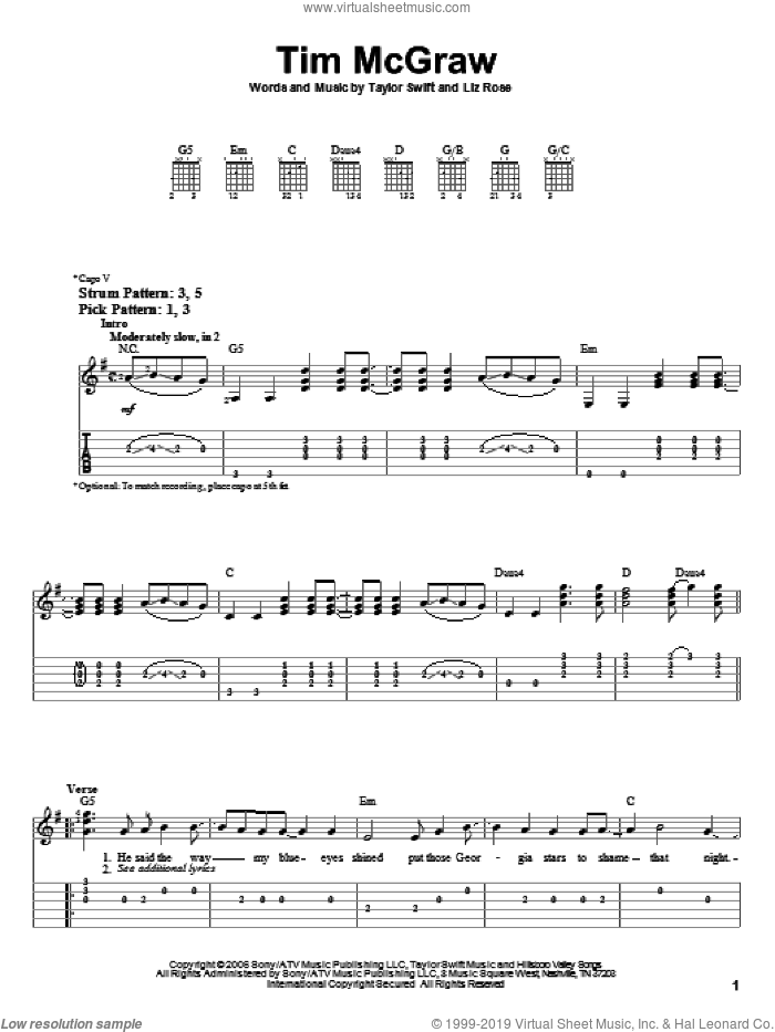 Tim McGraw sheet music for guitar solo (easy tablature) (PDF)