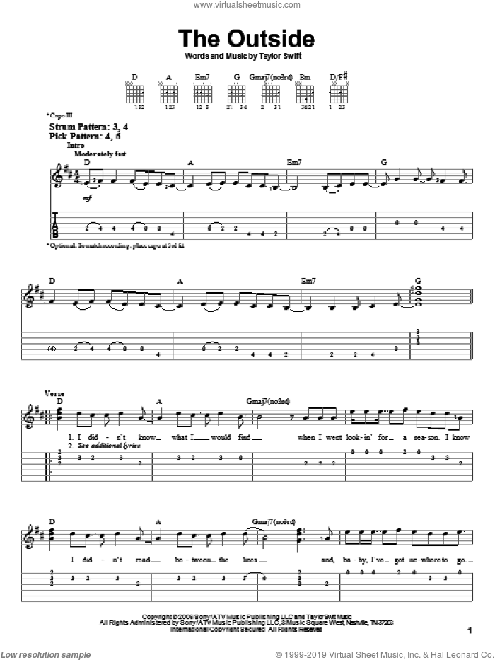 The Outside sheet music for guitar solo (easy tablature) (PDF)