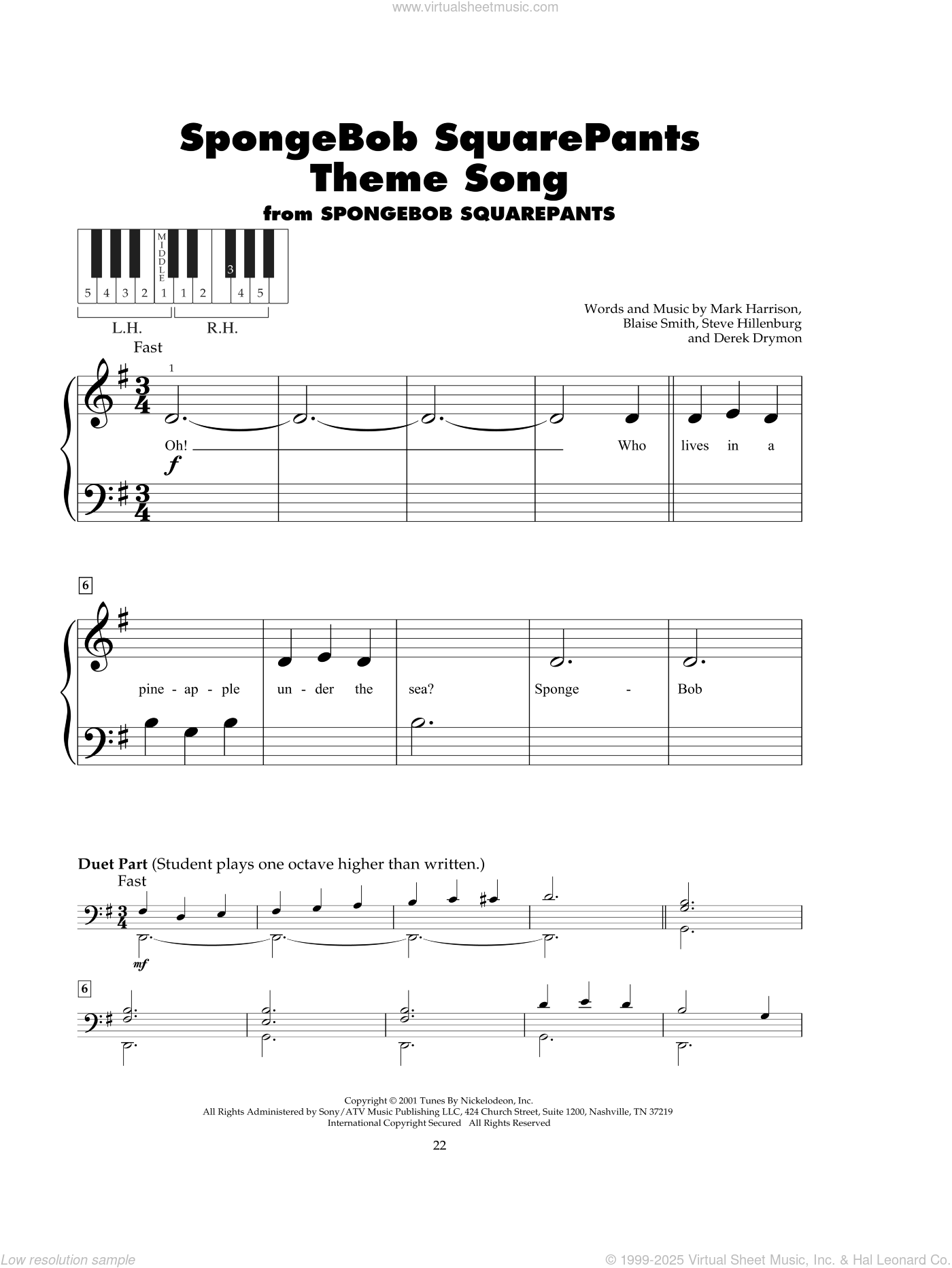 SpongeBob SquarePants Theme Song sheet music for piano solo (5-fingers)