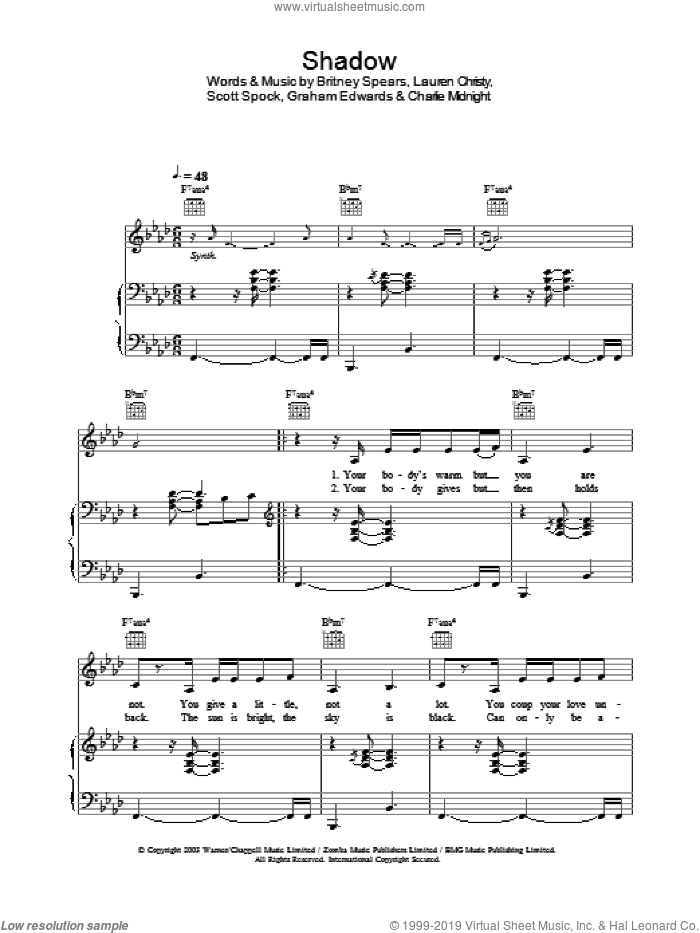 Britney Spears: Shadow sheet music for voice, piano or guitar