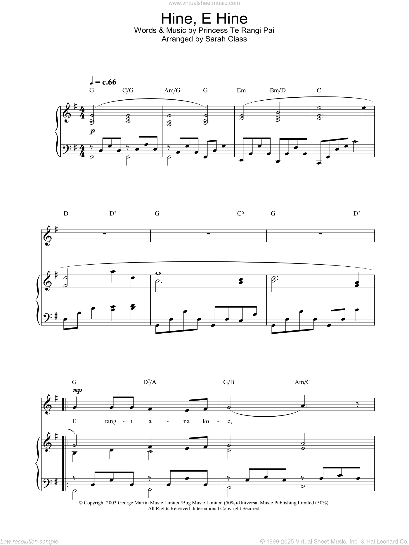 Westenra - Hine, E Hine sheet music for voice, piano or guitar