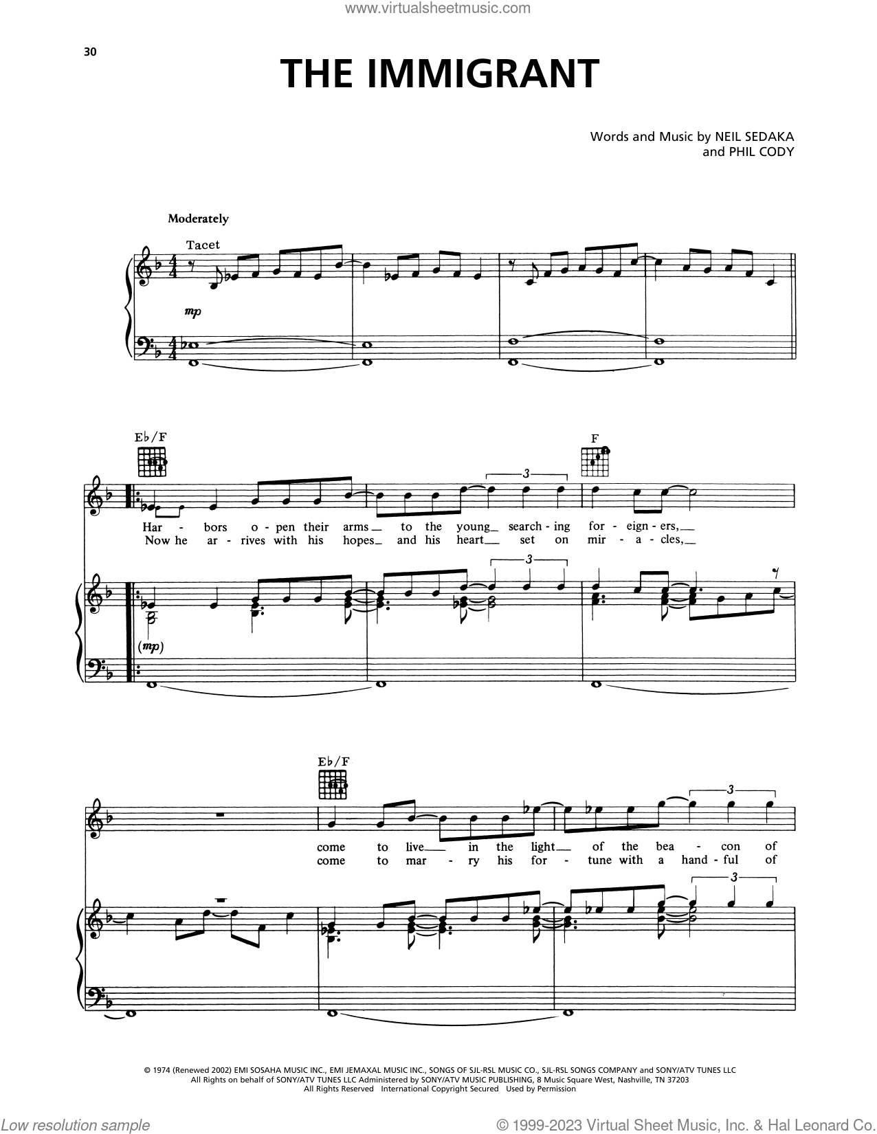 The Immigrant sheet music for voice, piano or guitar (PDF)