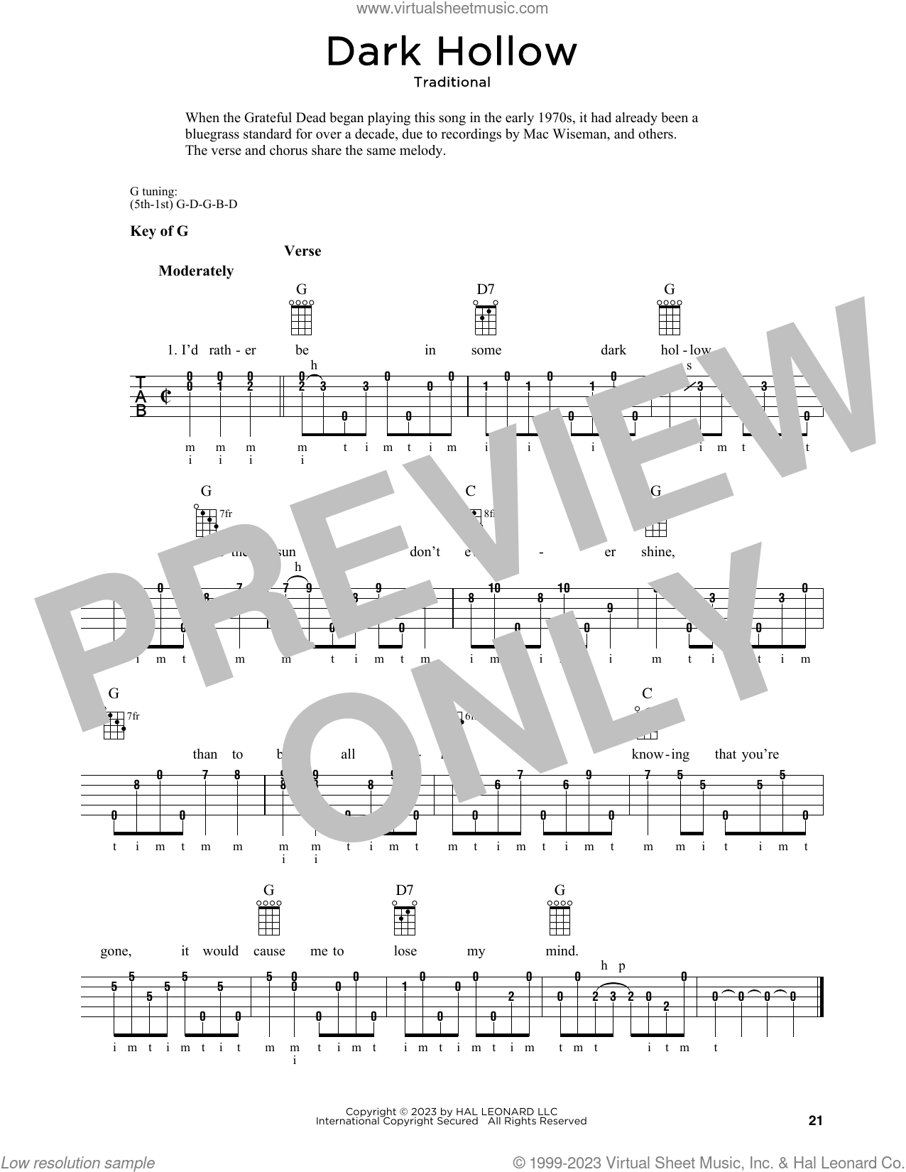Dark Hollow (arr. Fred Sokolow) sheet music for banjo solo (PDF)