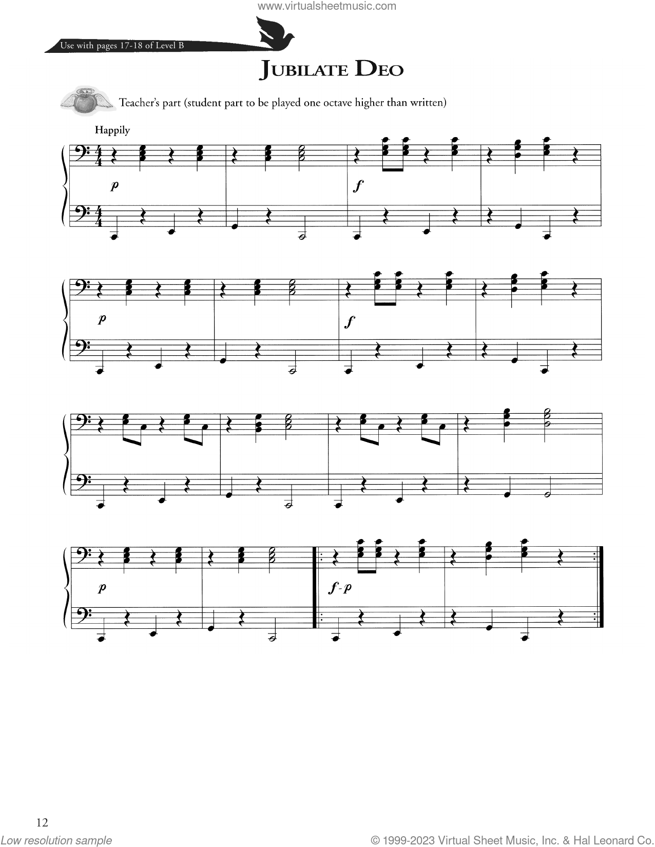 Jubilate Deo sheet music for piano solo (method) (PDF)